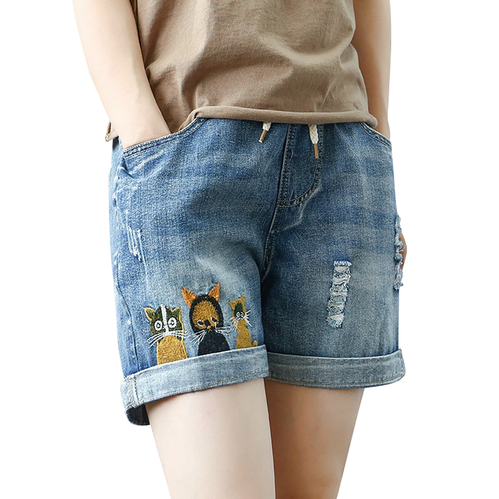 Dr.Eam Women Elastic Waist Baggy Jeans Pants Summer National Wind ...
