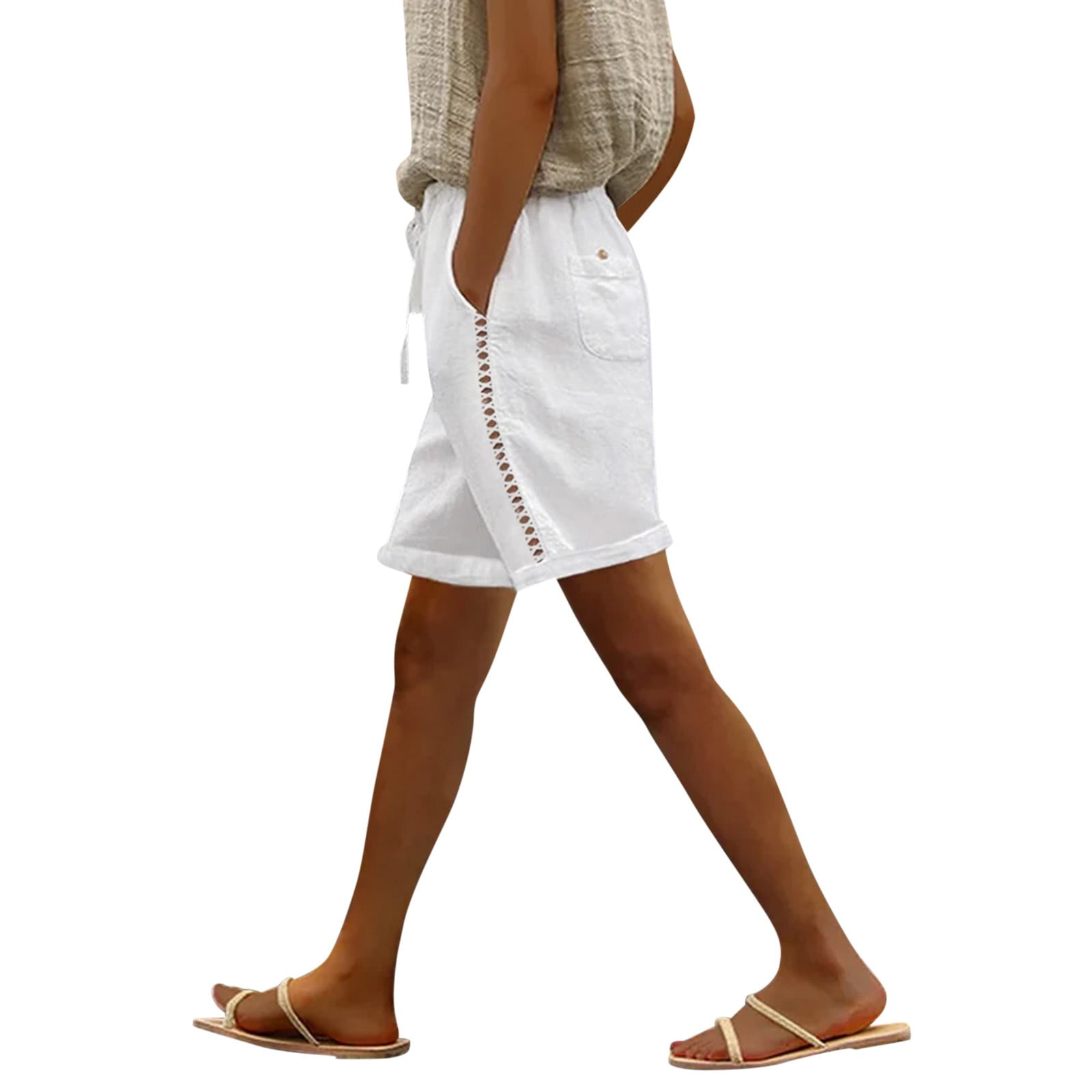 Dr Eam Womens Cotton High Waist Pants Drawstring Capri Shorts Pants