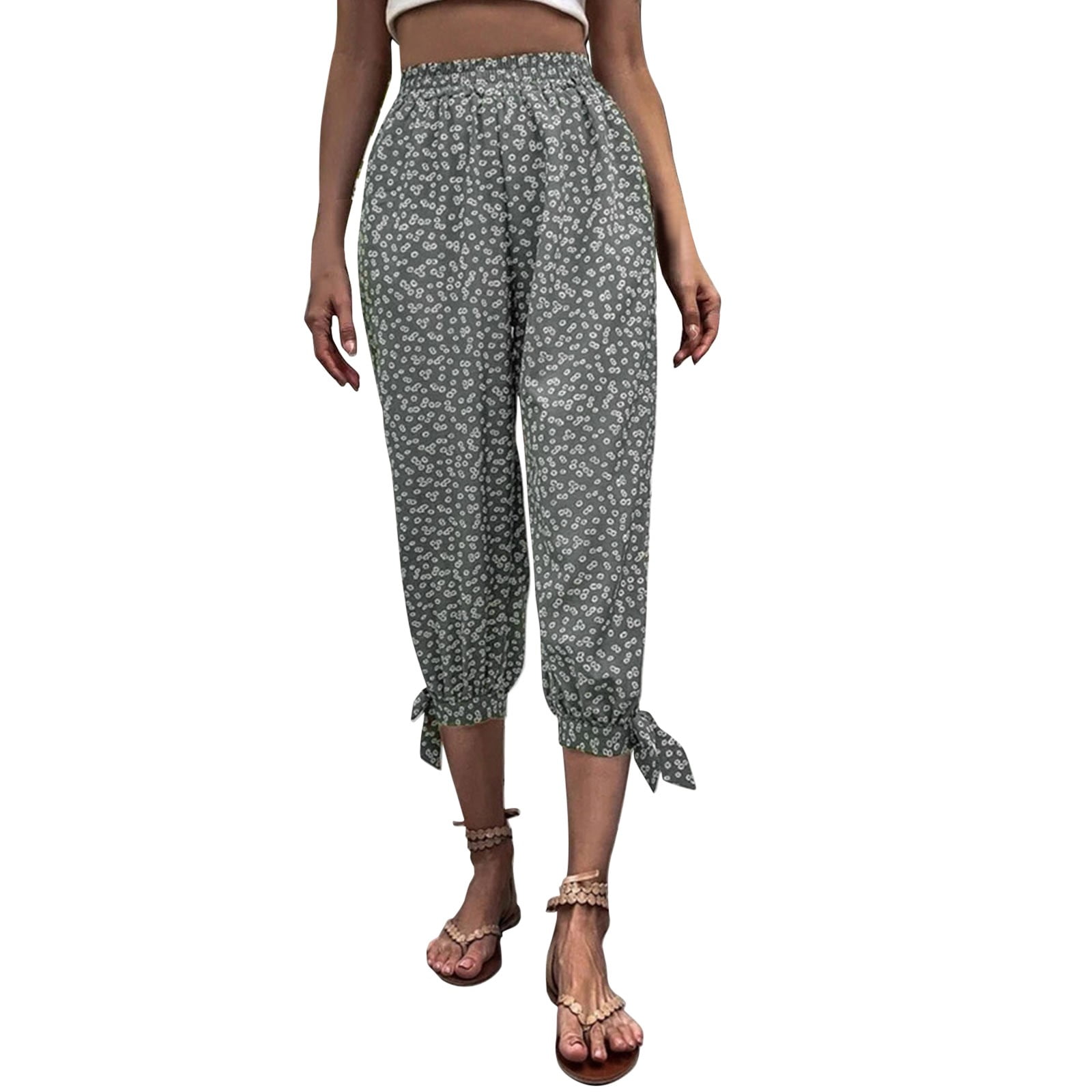 Dr Eam Womens High Rise Flower Prinnted Capri Pants Elastic Waist