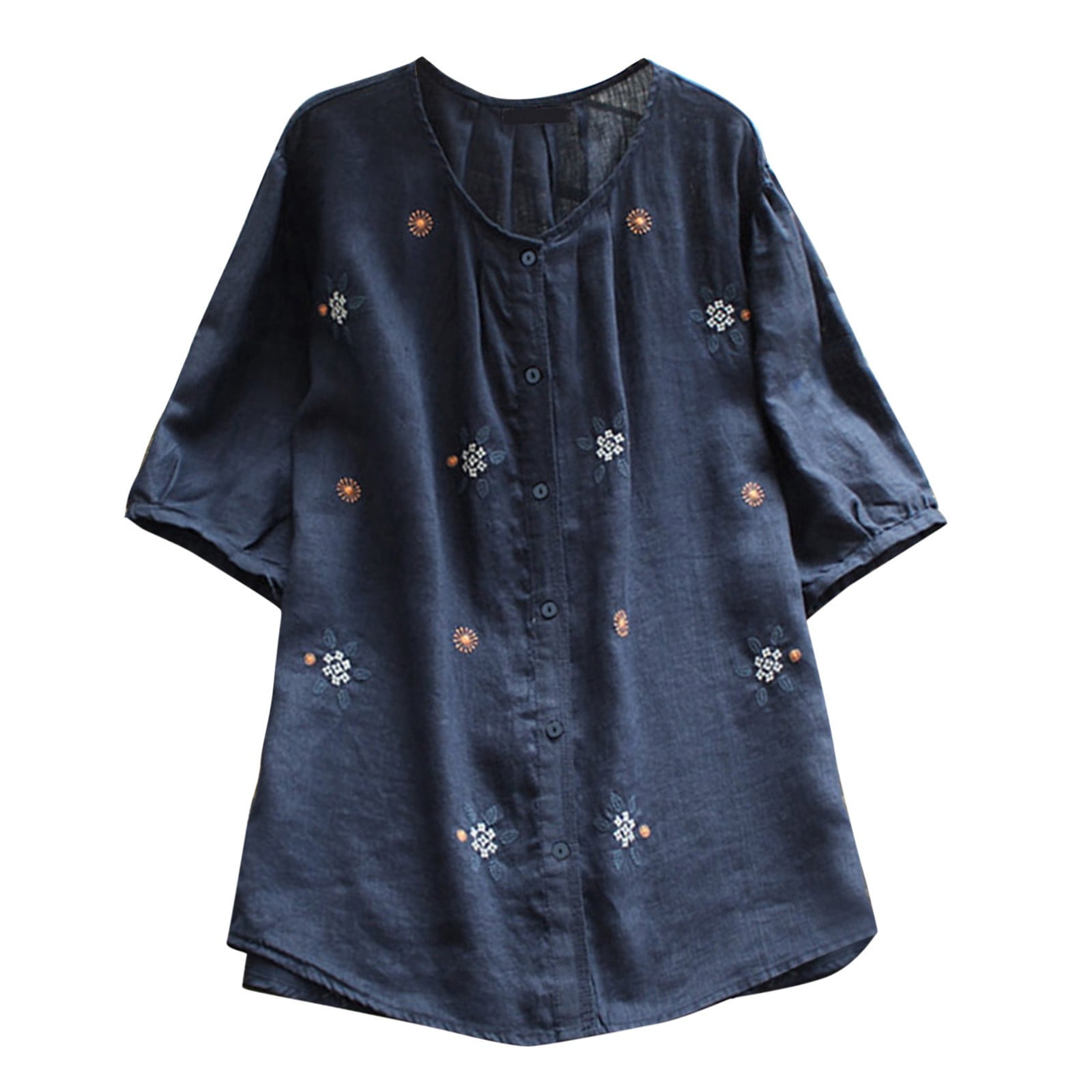 Dr.Eam Womens Shirt Dressy Blouses Floral Embroidery Round Neck On Five ...