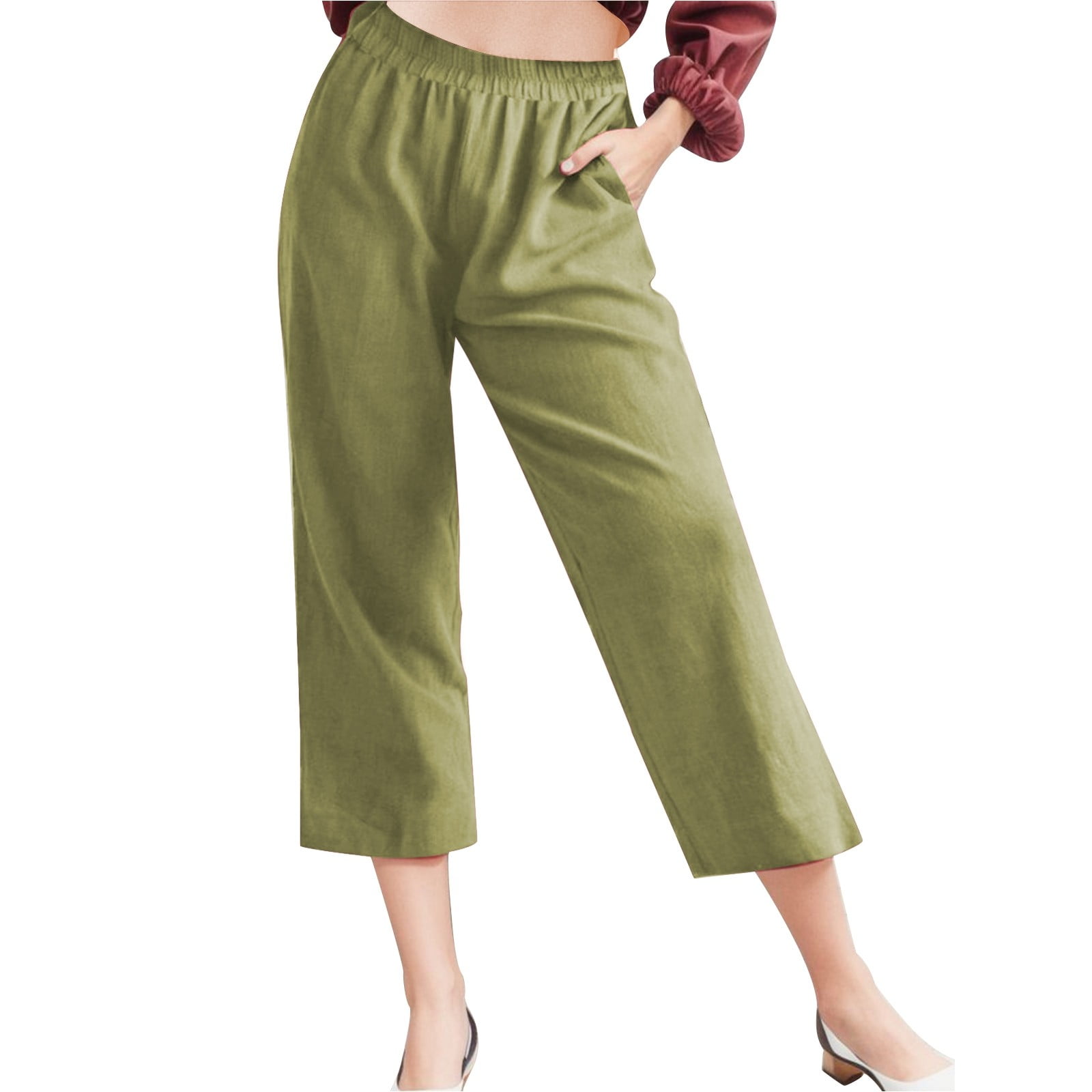 Dr Eam Womens Trousers Solid Color Casual Elastic High Waist Seven