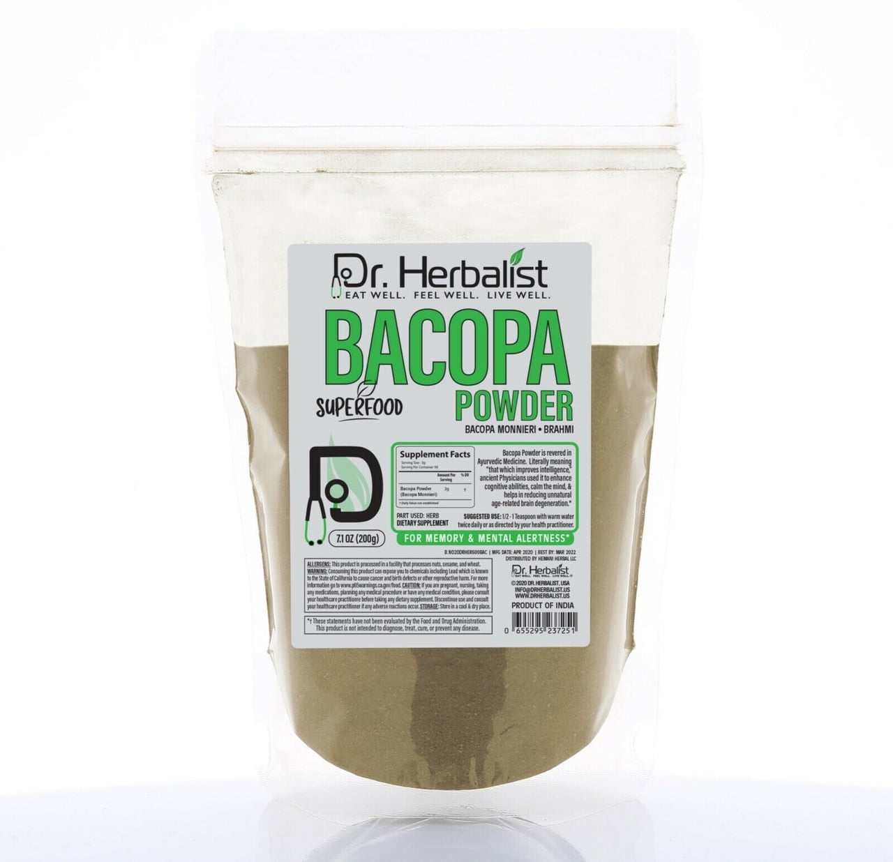 Dr. Herbalist Brahmi Powder (Bacopa Powder) 7.05 OZ (200g) - Bacopa ...