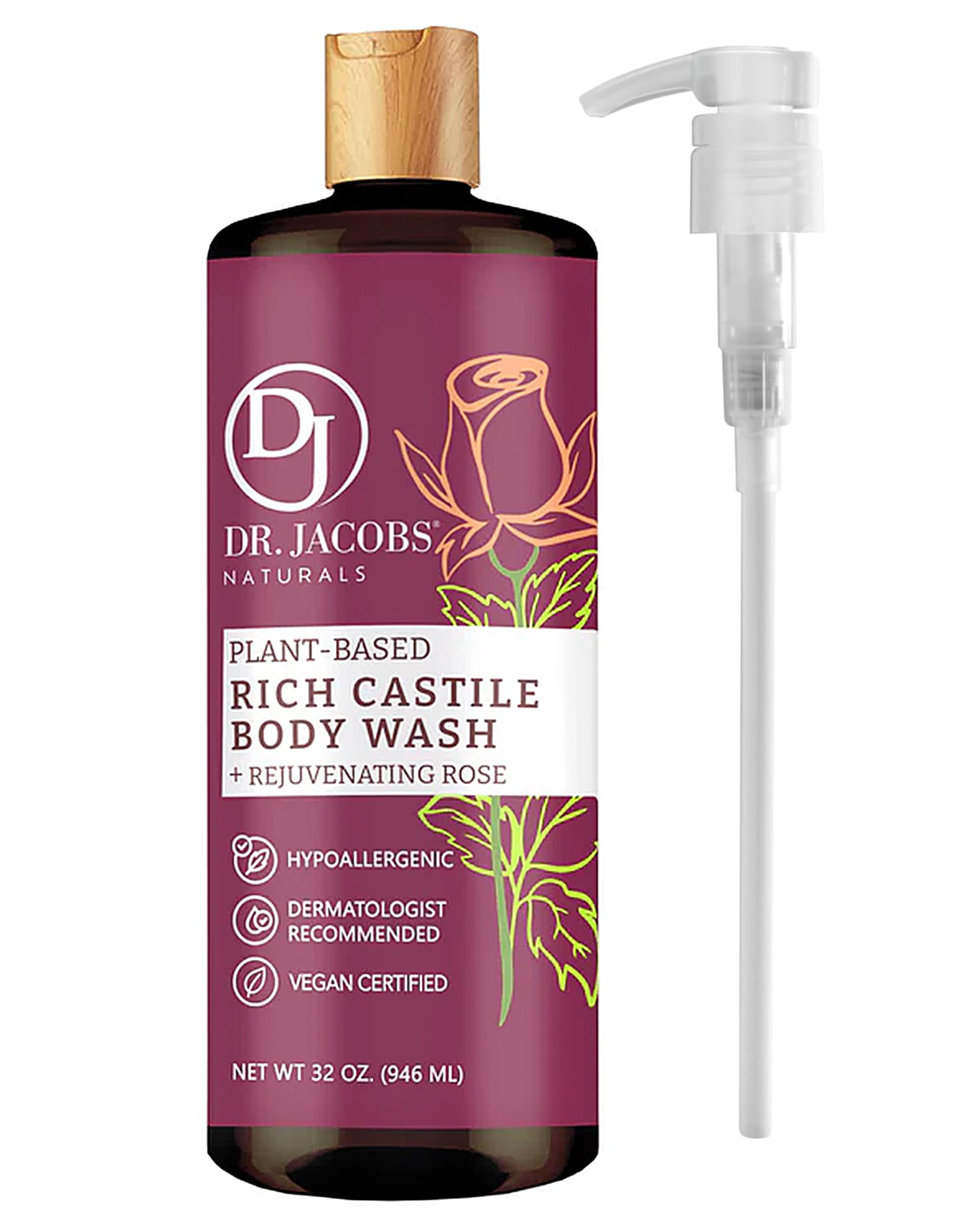 Dr. Jacobs Naturals Castile MMF7 Rose All-Natural Body Wash for Moisturizing Dry and Sensitive ...