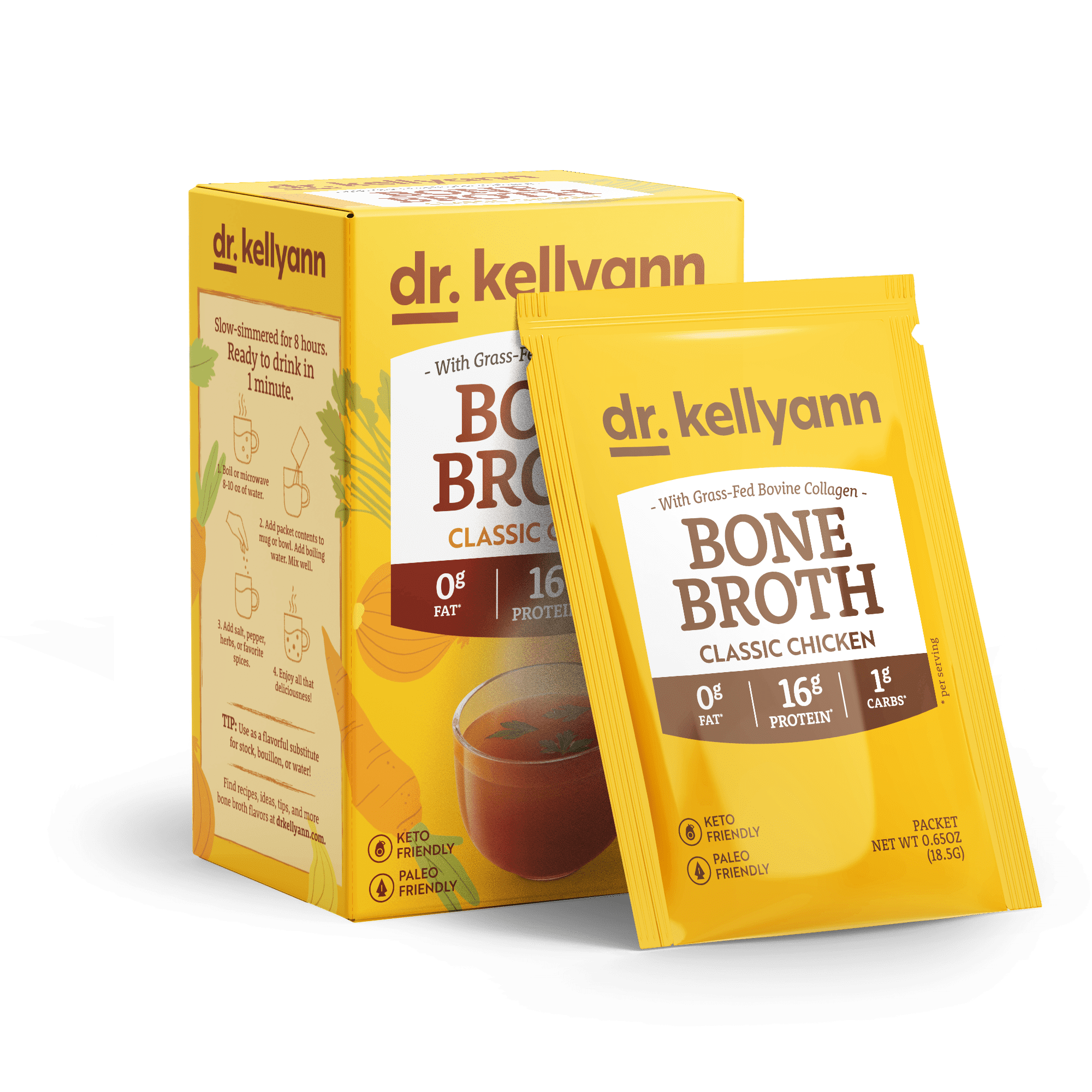 Dr. Kellyann Bone Broth Collagen Powder Packets, 16g Protein, Grass-Fed ...