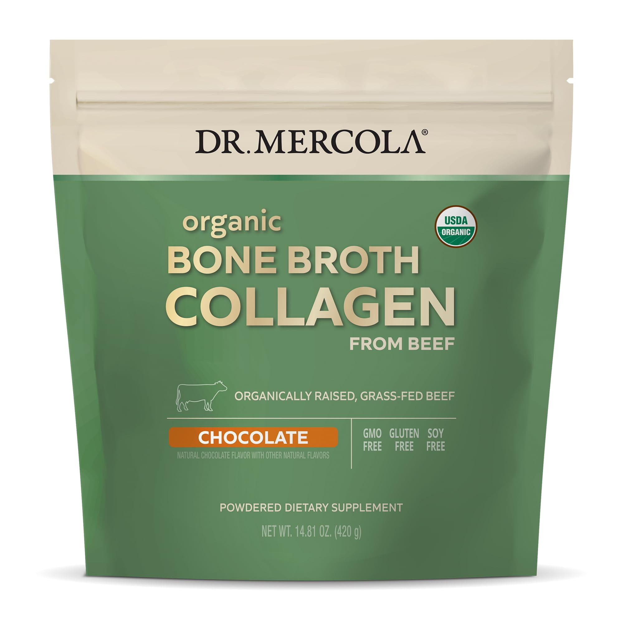Dr. Mercola Organic Bone Broth Collagen Powder - Chocolate, 30 Servings ...