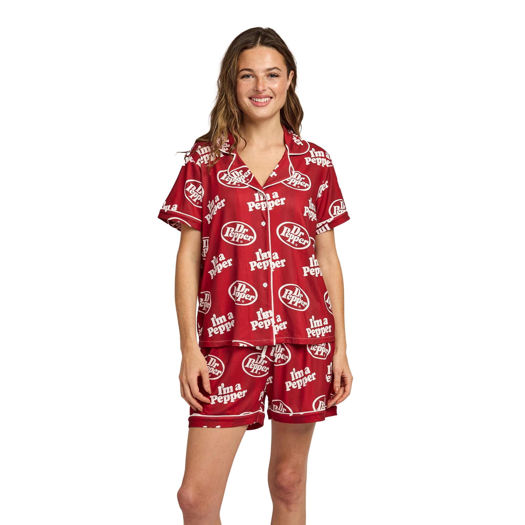 Dr. Pepper Classic Logo All-Over Print Women’s Notch Collar Button-Down ...