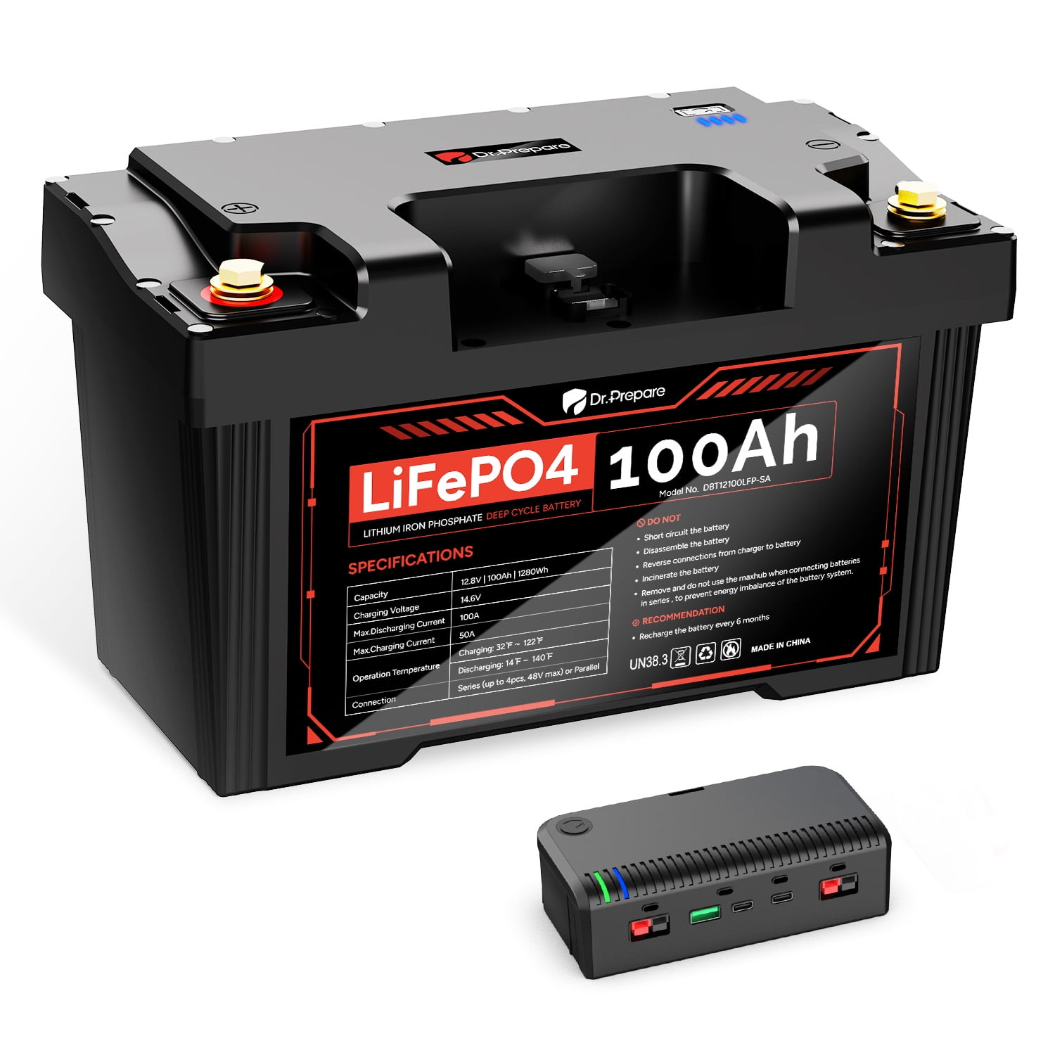 Dr. Prepare 12V 100Ah LiFePO4 Battery with Hub, 1280Wh Portable Power ...
