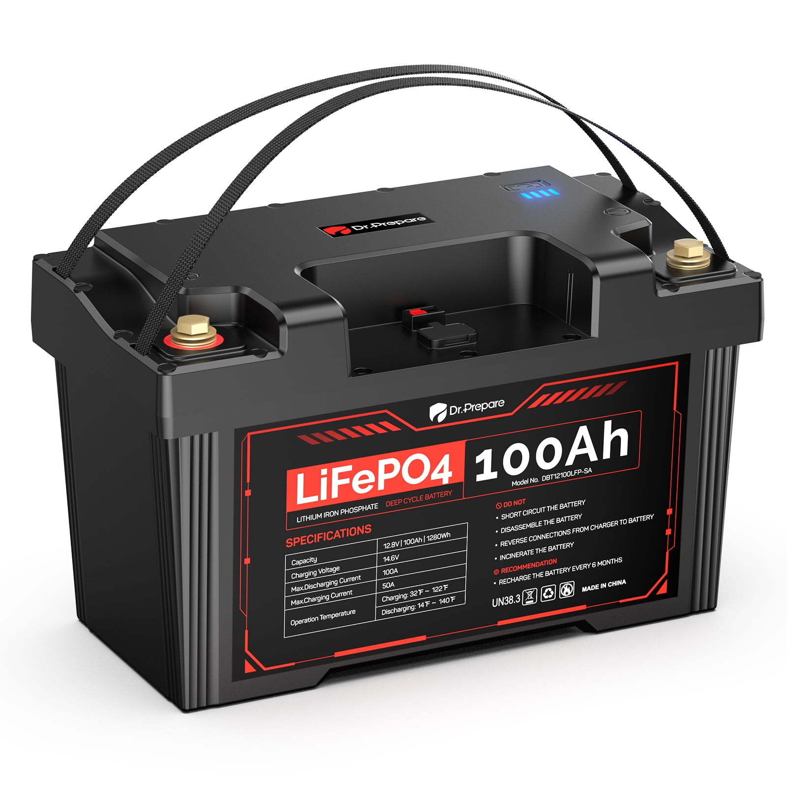 Dr. Prepare 12V 100Ah LiFePO4 Battery with Low-Temp Protection, 100A ...