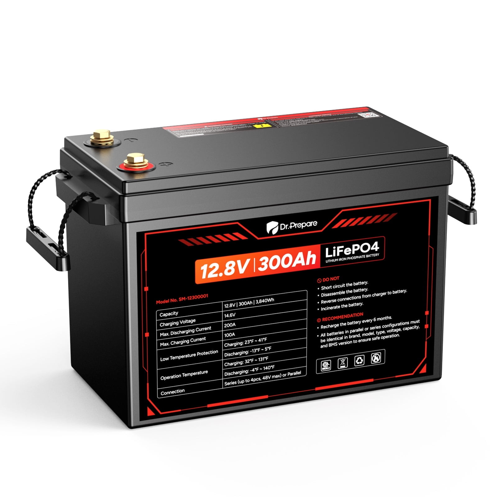 Dr.Prepare 12V 300Ah LiFePO4 Battery, 200A BMS Rechargeable Lithium ...