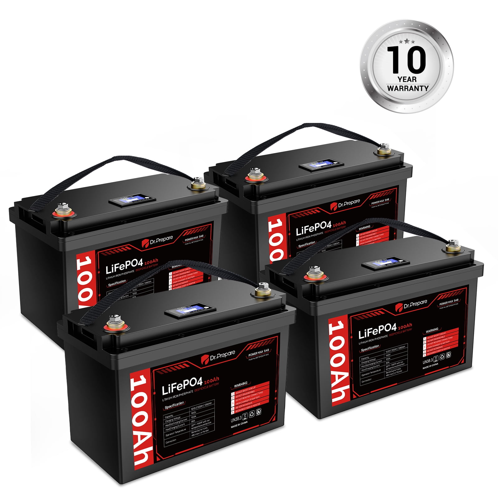 Dr. Prepare 4pk 12V 100Ah Lithium Iron LiFePO4 Battery with LED Screen ...
