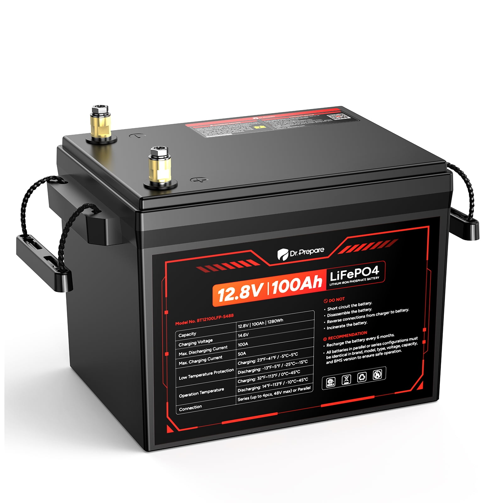 Dr.Prepare 12V 100Ah LiFePO4 Battery, 1280Wh Lithium Battery with 100A ...