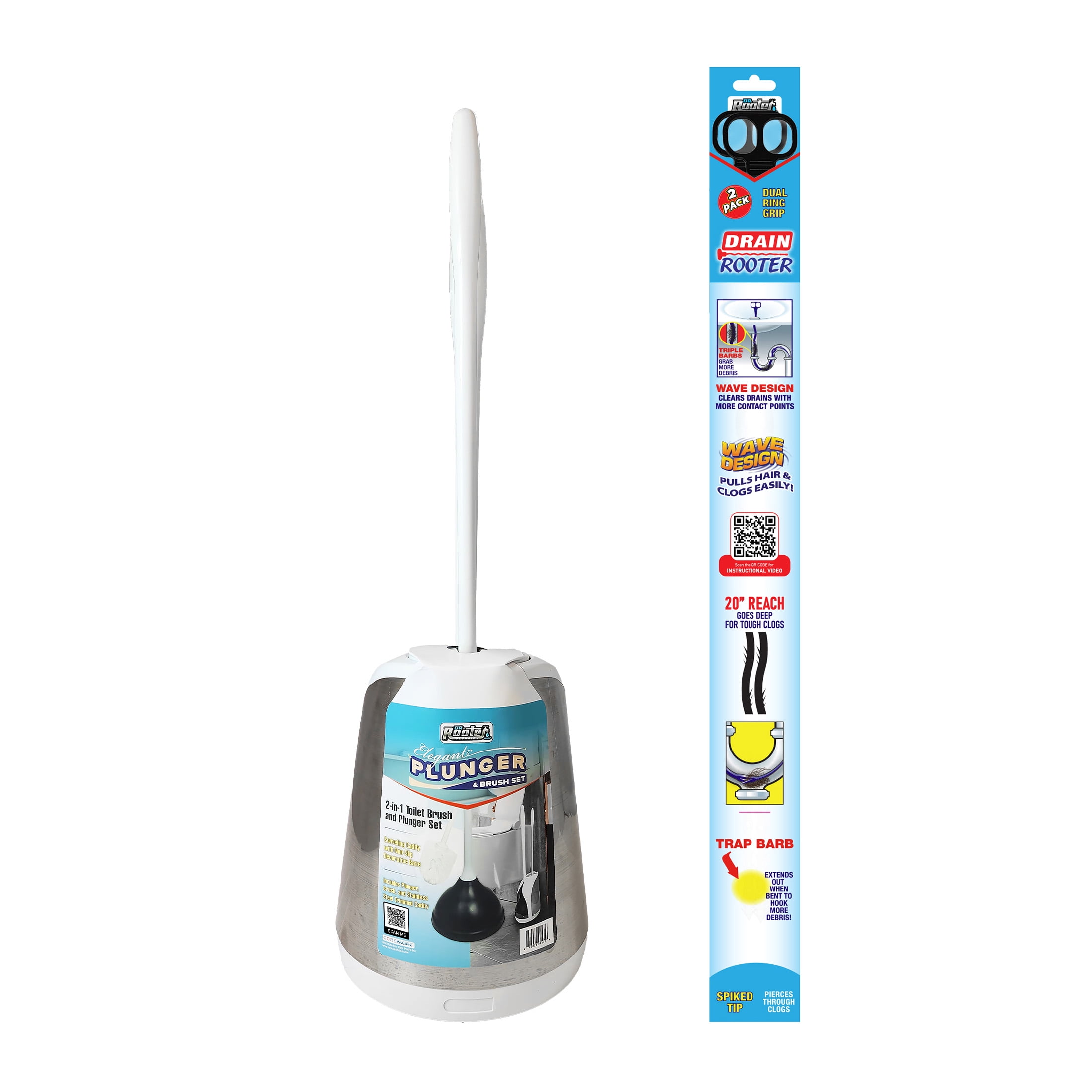 Dr. Rooter 4-Pack, 20-inch Drain Snake with Elegant Plunger and Brush ...