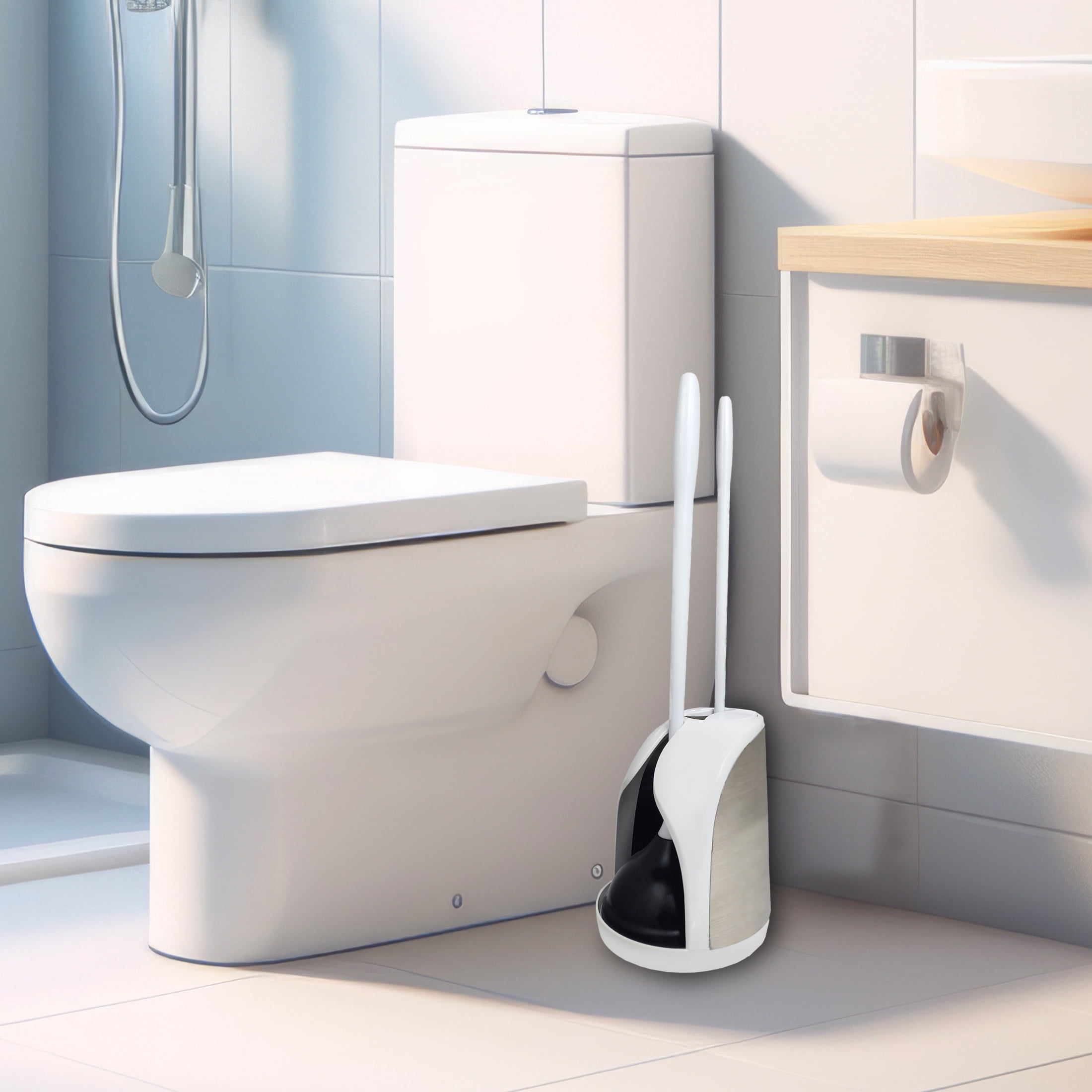 Dr. Rooter Elegant Hide-Away Bath Caddy w/Brush & Plunger, White ...