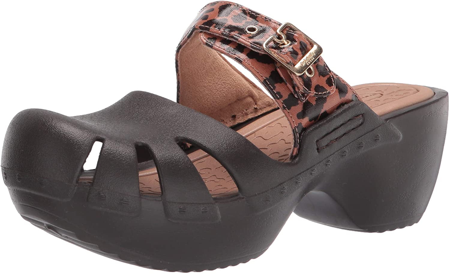 Dr. Scholl's Dance On Brown Leopard Slip On Buckle Block Heel Rounded ...