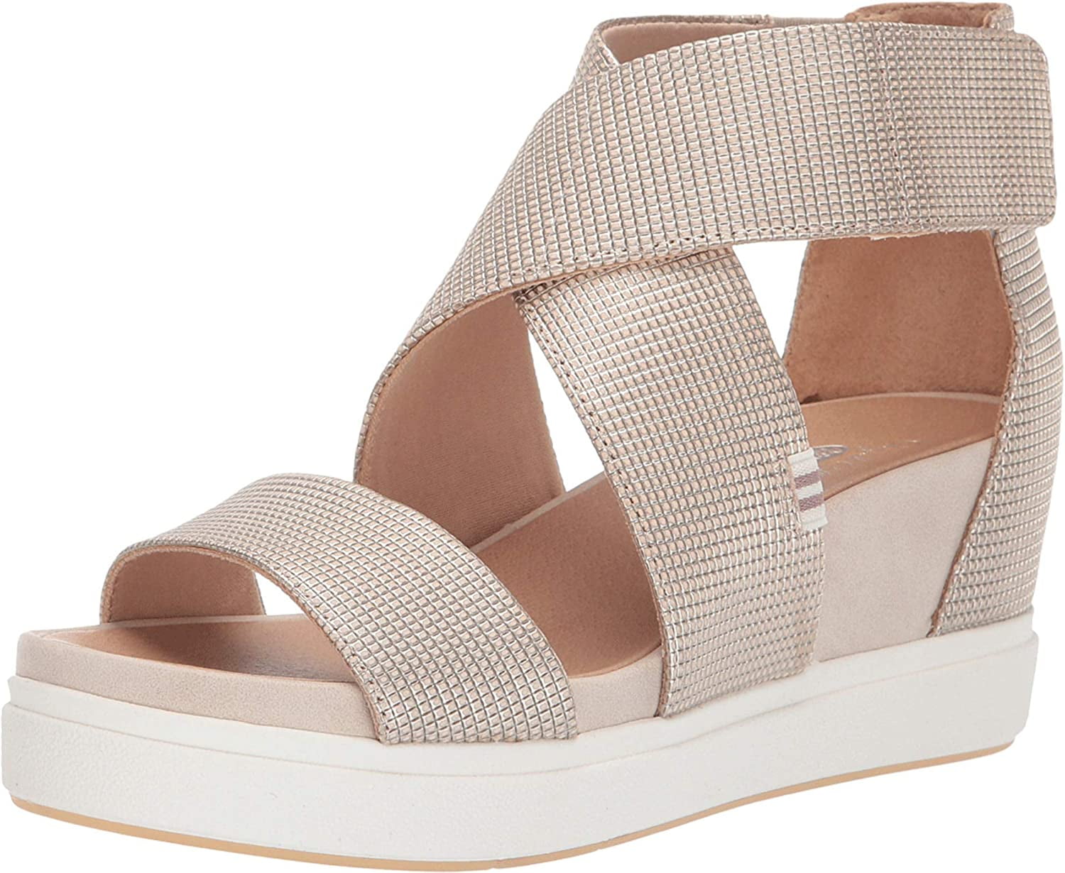 Dr. Scholl's Scout Gold Metallic Leather Pull On Open Toe Wedge Heel ...