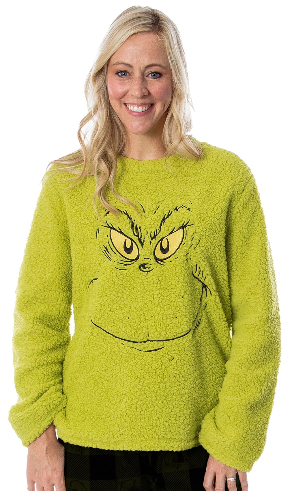Dr. Seuss Grinch Embroidered Big Face Sherpa Pullover Sweater, Xmas ...