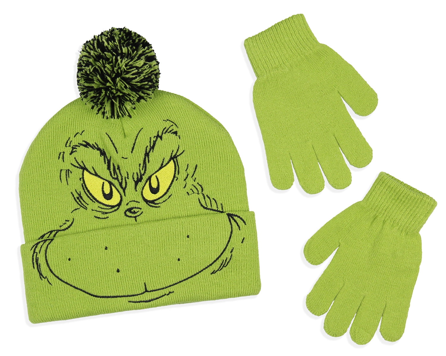 Dr. Seuss The Grinch Embroidered Pom Beanie Hat and Glove Set - Adult ...