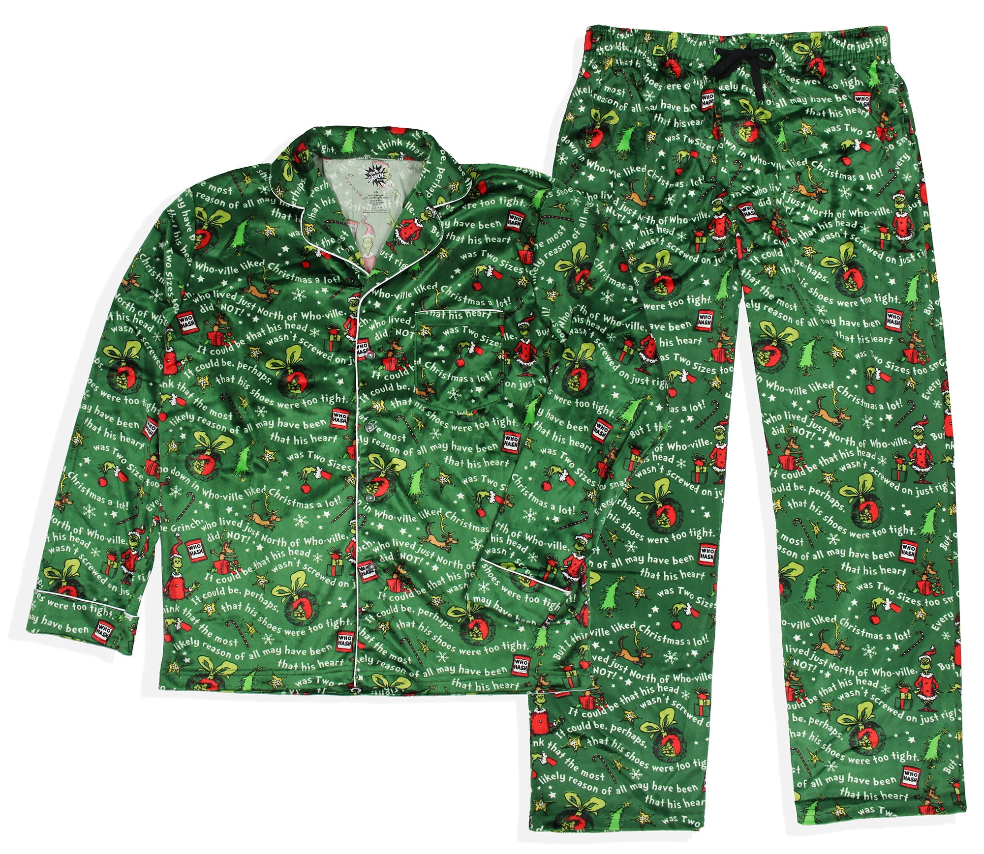 Dr. Seuss How the Grinch Stole Christmas Mens' Tossed Print Notch Collar Sleep Pajama Set ...
