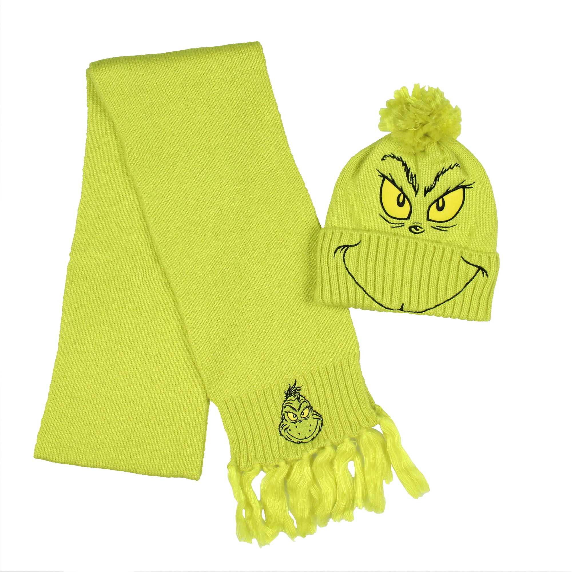 Dr. Seuss The Grinch Embroidered Design Adult Knit Scarf and Pom Cuffed ...