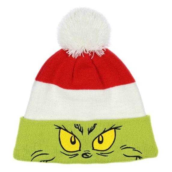 Dr. Seuss The Grinch Embroidered Face Color Block Pom Fold Cuff Adult ...