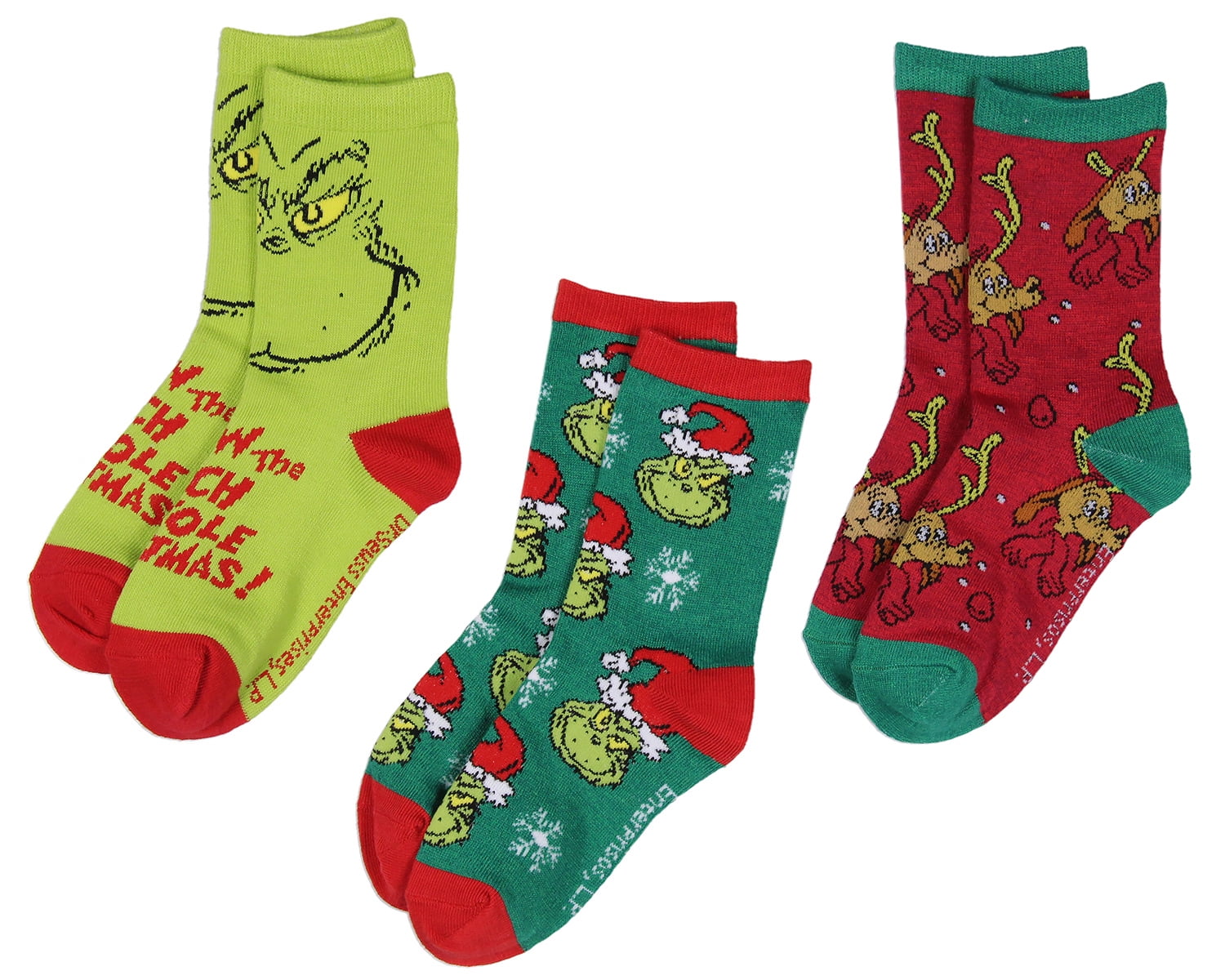 Dr. Seuss The Grinch Christmas Kids 3 Pairs Multi-Design Crew Socks For ...