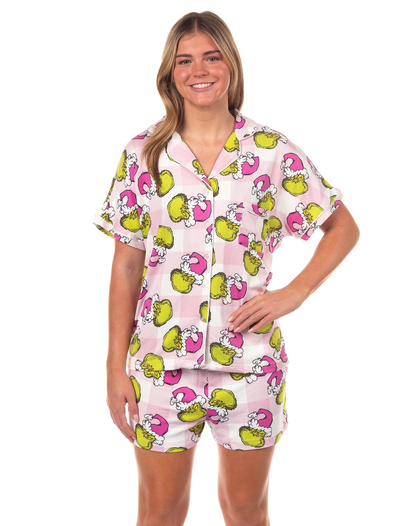 Dr. Seuss The Grinch Santa Pink Plaid Notch Collar Sleep Set - Walmart.com