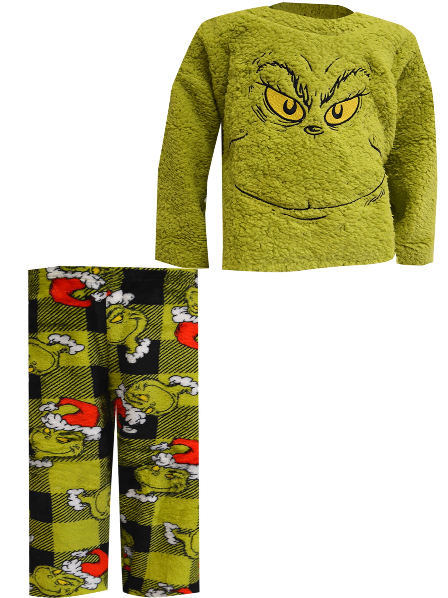 Dr. Seuss The Grinch Santa Plaid Plush Fleece Pajama Sleep Set ...