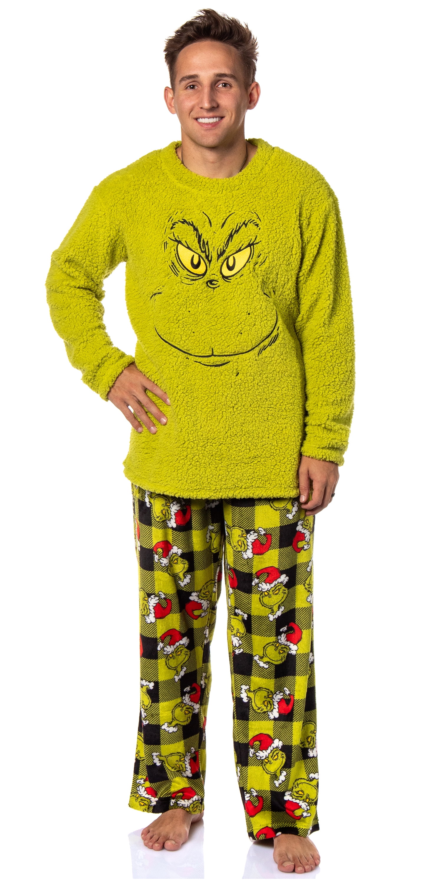 Dr. Seuss The Grinch Santa Plaid Plush Fleece Pajama Sleep Set ...