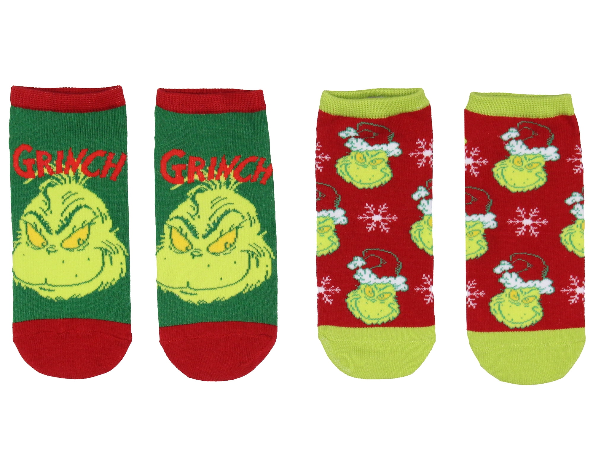Dr. Seuss The Grinch Crew Socks, 2 Pairs, Christmas Holiday No-Show ...