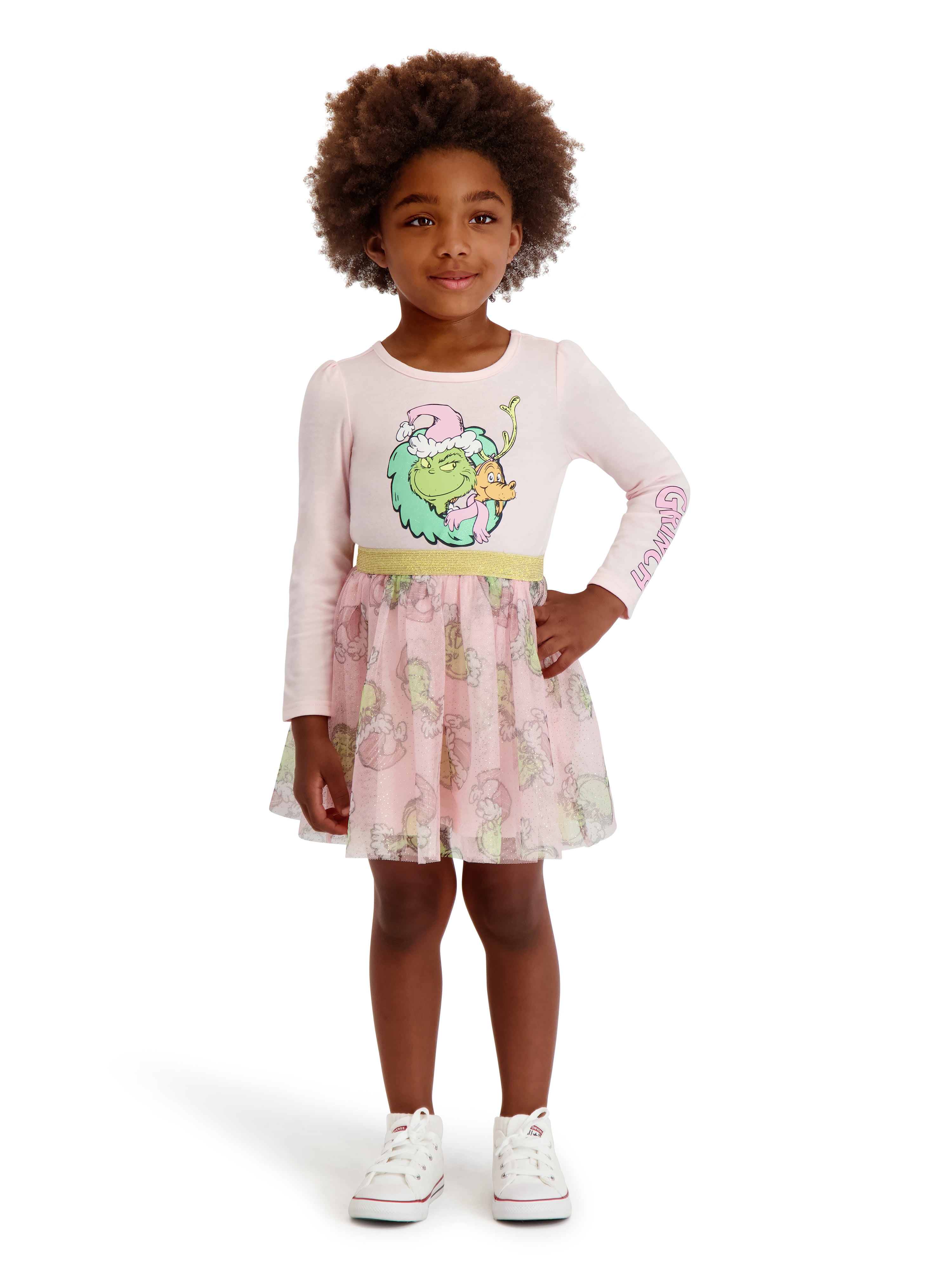 Dr. Seuss The Grinch Toddler Girl Printed Long Sleeve Dress, Sizes 12M ...
