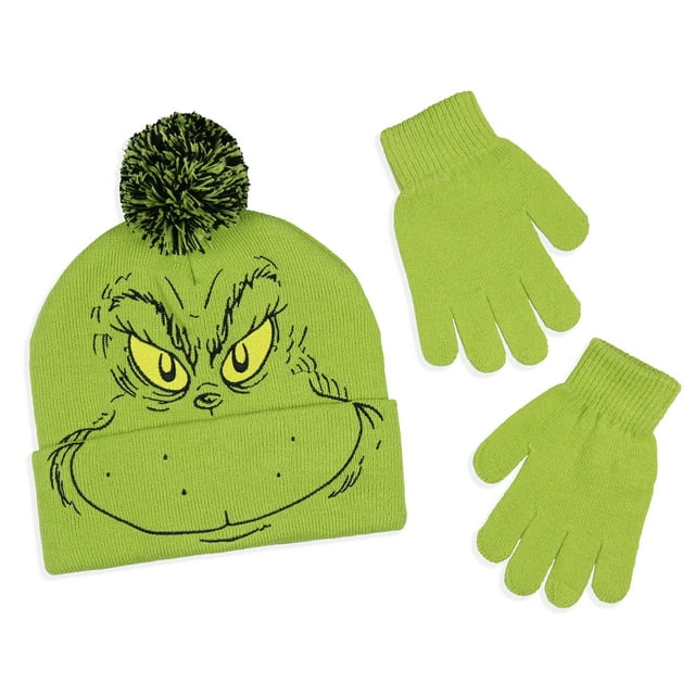 Dr. Seuss The Grinch Embroidered Pom Beanie Hat and Glove Set - Adult ...