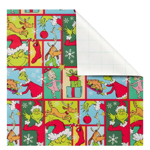 Dr. Seuss The Grinch Premium Tear Resistant Wrapping Paper, 25sq.ft Roll for Christmas, Birthday ...