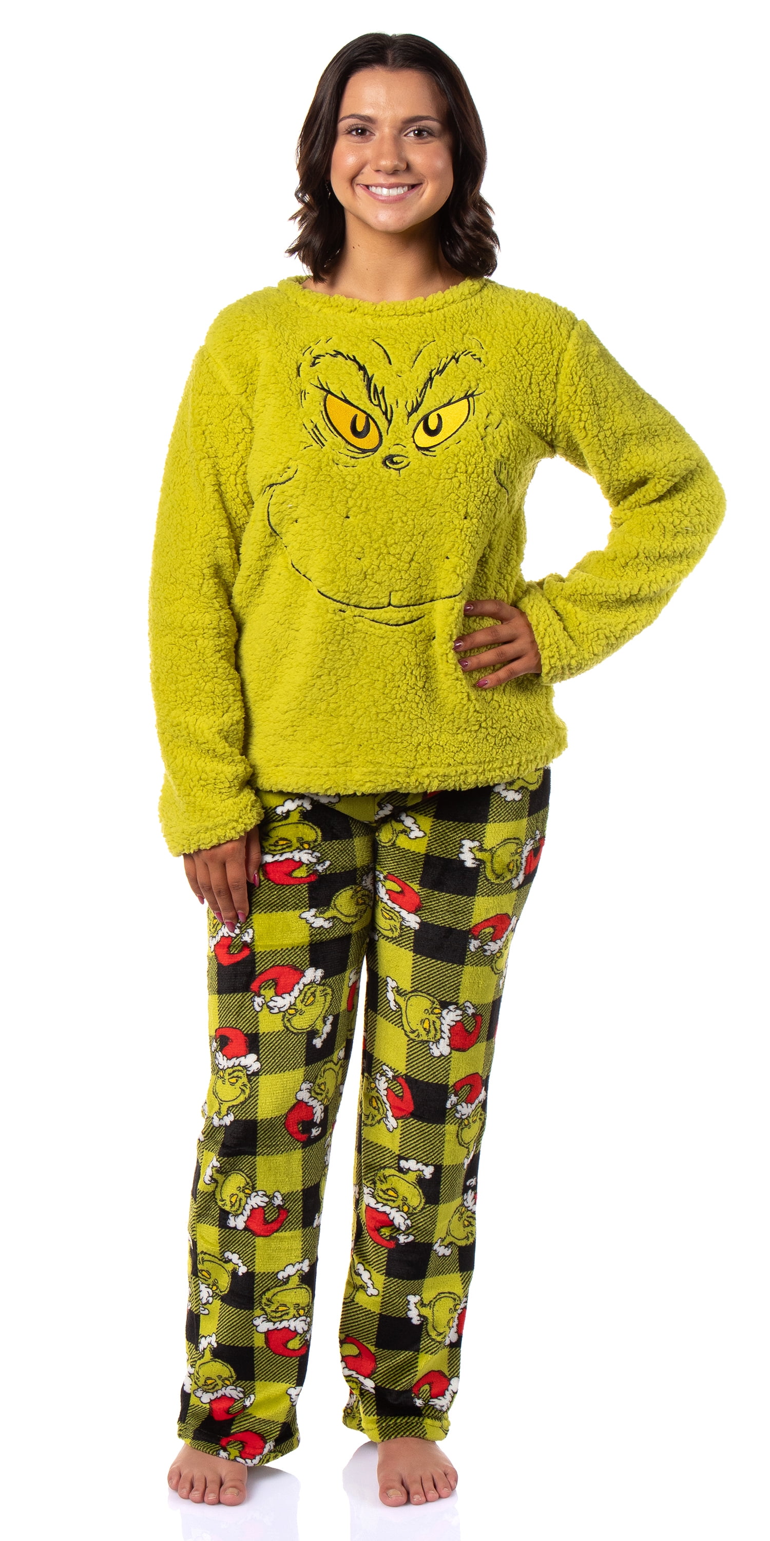 Dr. Seuss Women's The Grinch Who Stole Christmas Santa Fleece Buffalo Plaid Sleep Pajama 2 Piece ...