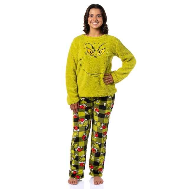 Dr. Seuss Women's The Grinch Who Stole Christmas Santa Fleece Buffalo Plaid Sleep Pajama 2 Piece ...