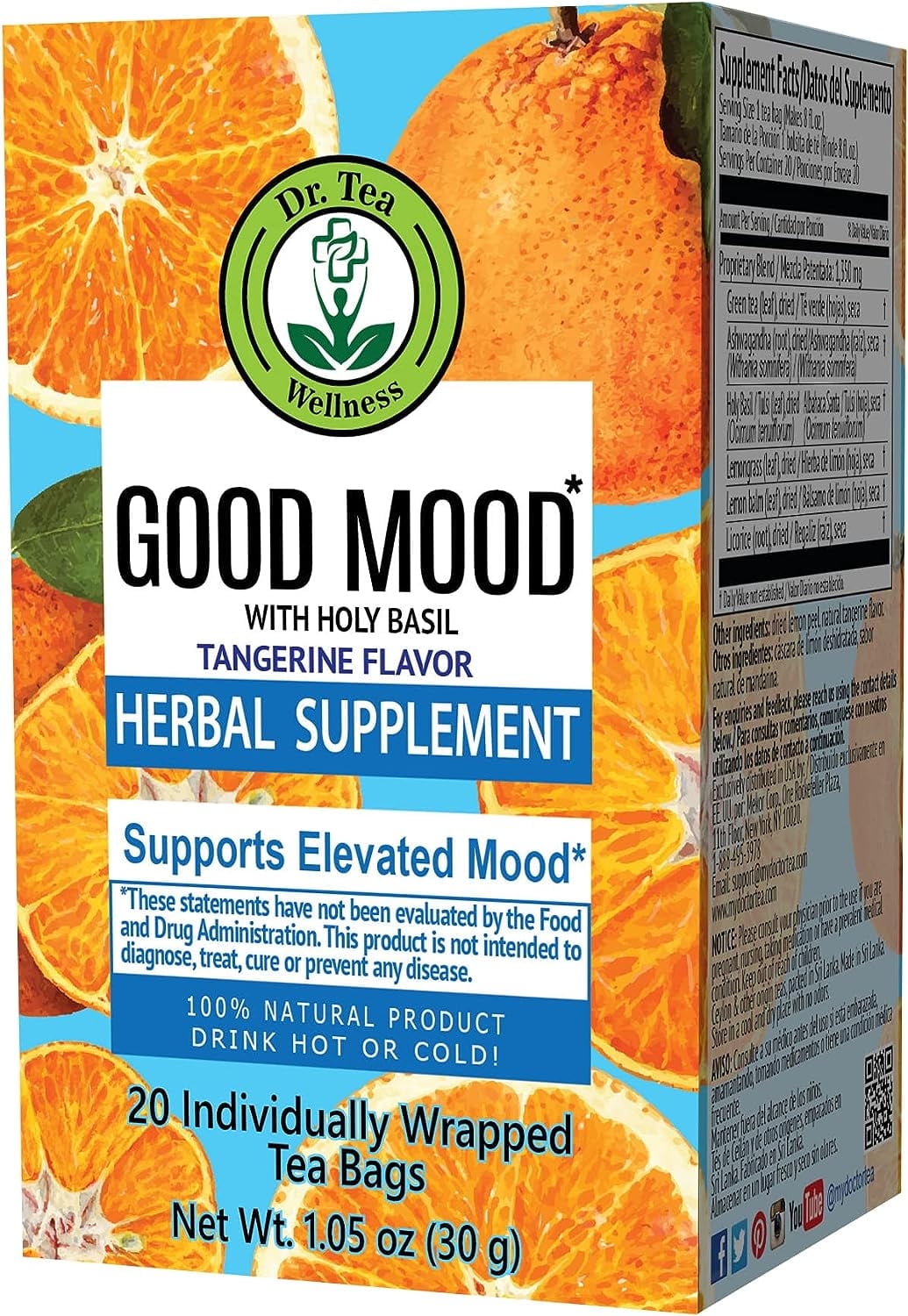 Dr. TEA Organic Herbal Good Mood Tea - Holy Basil, Tangerine Flavor - 20 Bags - Stress Relief ...