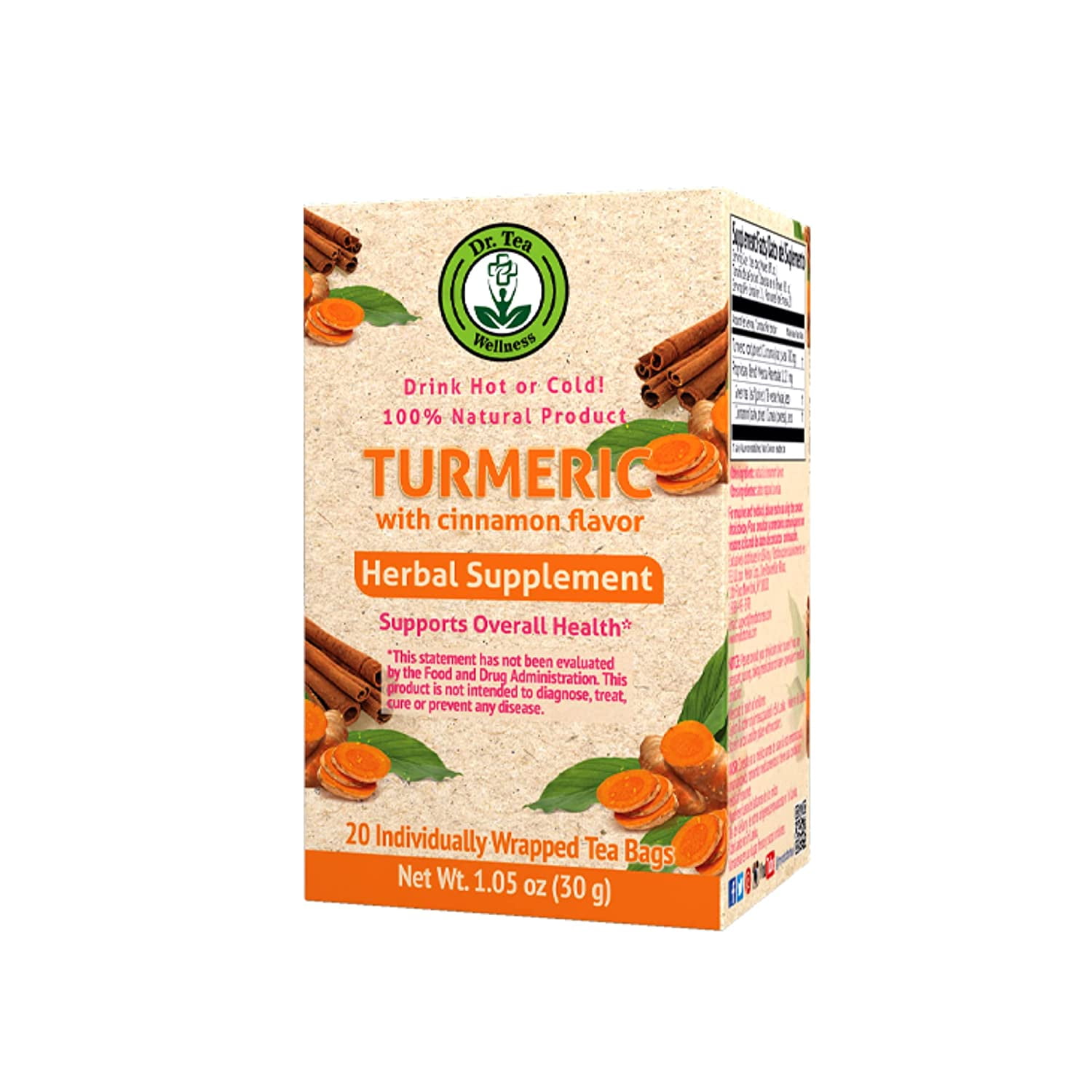 Dr. TEA Turmeric Herbal Tea - Cinnamon Flavor -20 Tea Bags - Natural ...