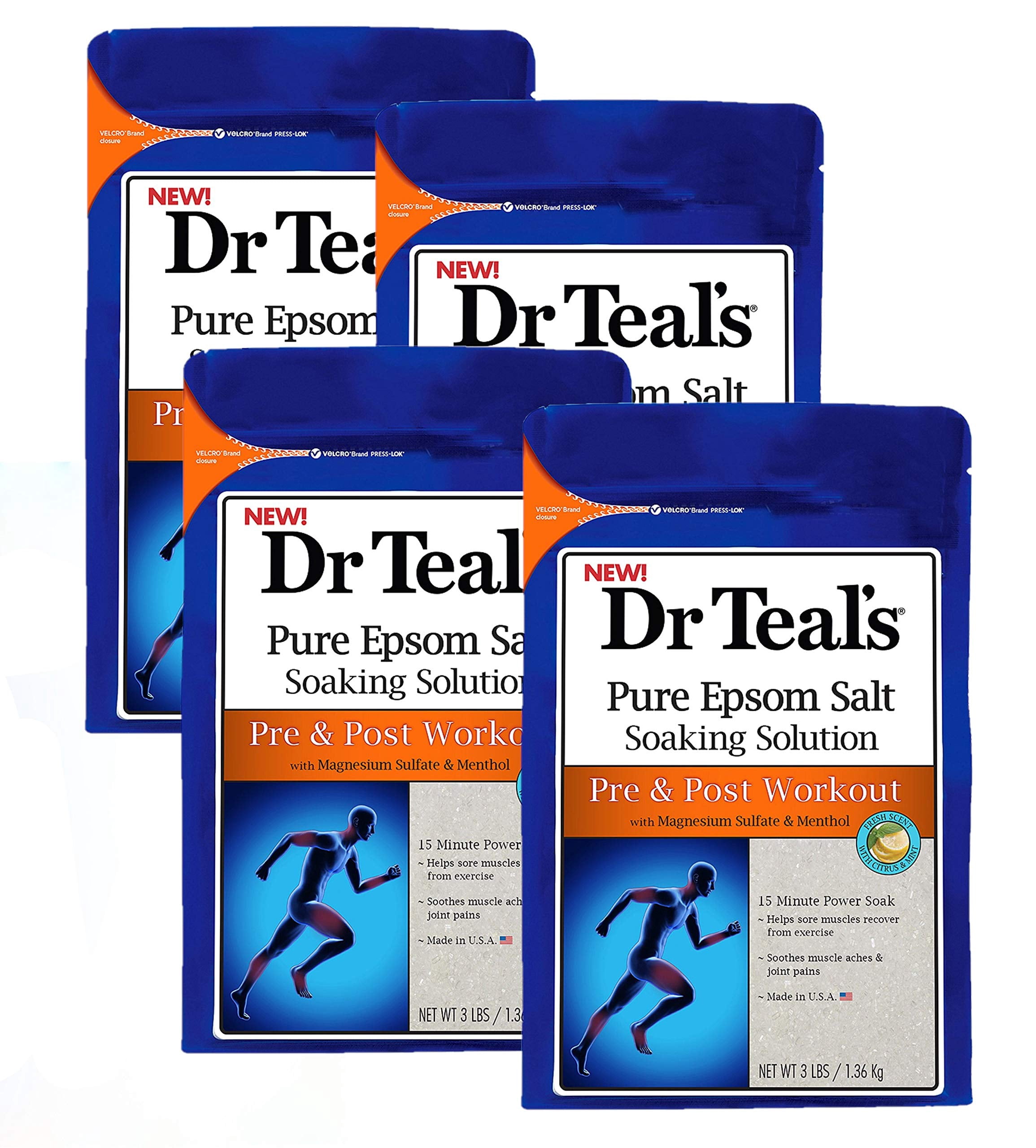 Dr. Teals Pre & Post Workout Epsom Salt Soaking Solution (4 Pack, 3Lbs ...