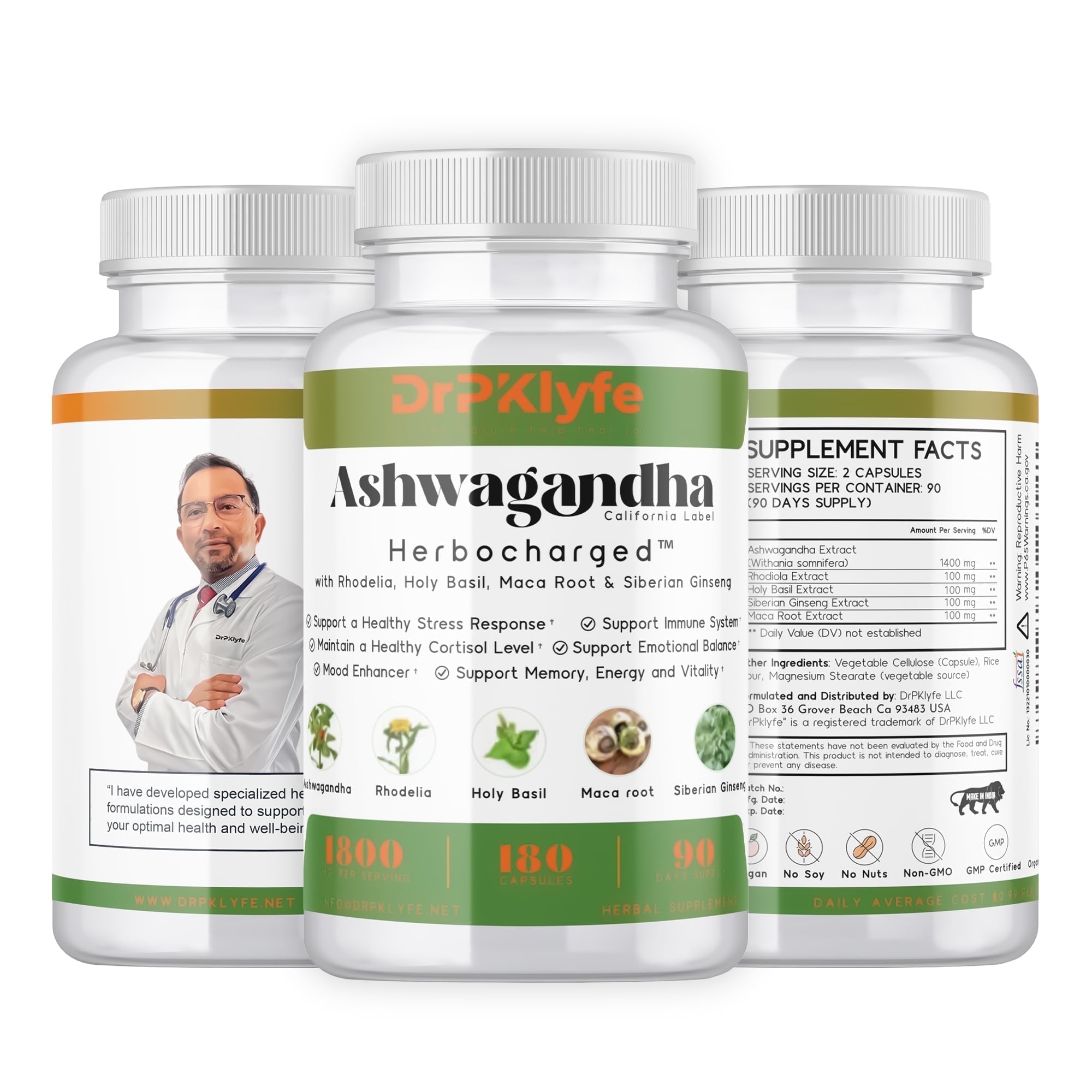 DrPKlyfe's Adaptogen Ashwagandha-Rhodiola-Maca-HolyBasil and GinsengComplex- 180 Capsules ...