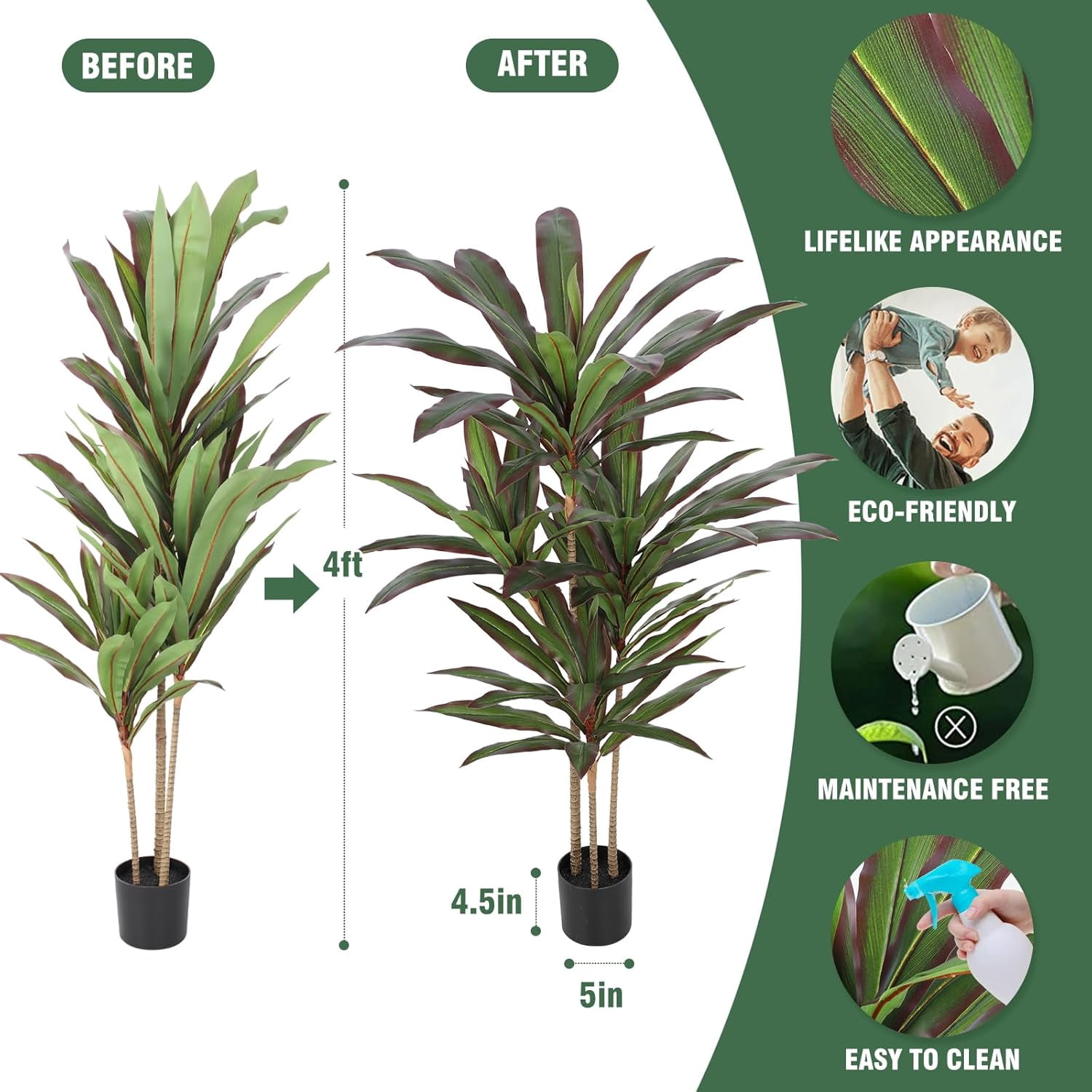 Dracaena Artificial Plant 4ft Red Yucca Silk Tree Indoor Tall Fake ...
