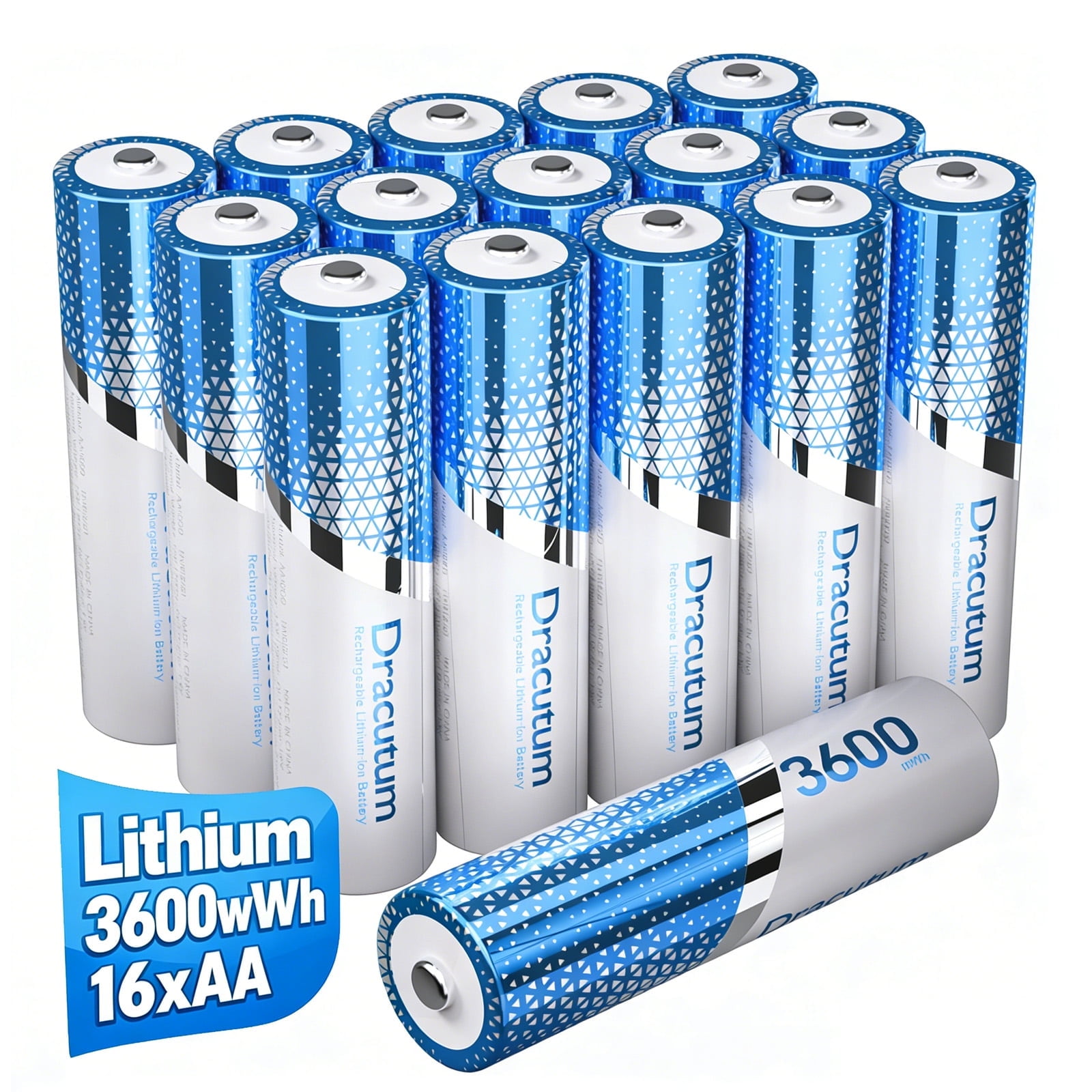 Dracutum Rechargeable AA Batteries, 16 Pack 3600mWh Lithium High ...