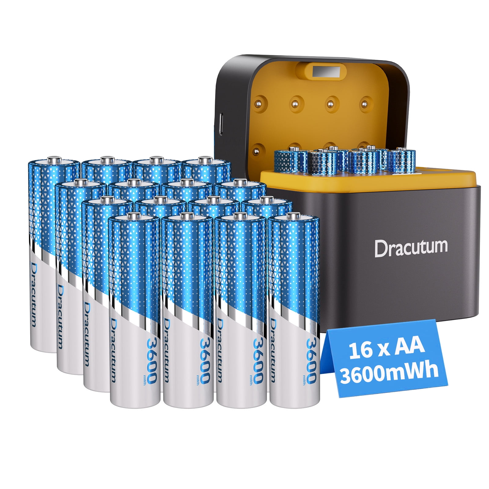 Dracutum AA Rechargeable Batteries with Charger, 16 Pack 3600mWh High ...