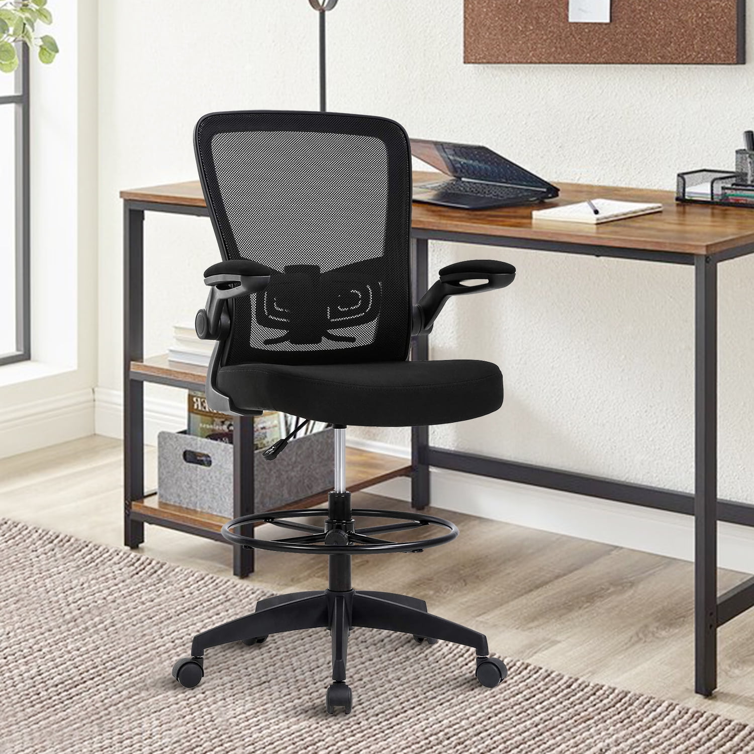 Ergonomic Drafting Chair, Adjustable, Flip-Up Arm, Foot Ring, Mid-Back ...