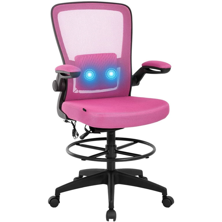 Drafting Chair Tall Office Chair Adjustable Height with Lumbar Support Flip Up Arms Footrest Mesh Desk Chair Massage Computer Chair Task Drafting Stool for Girls Pink Walmart