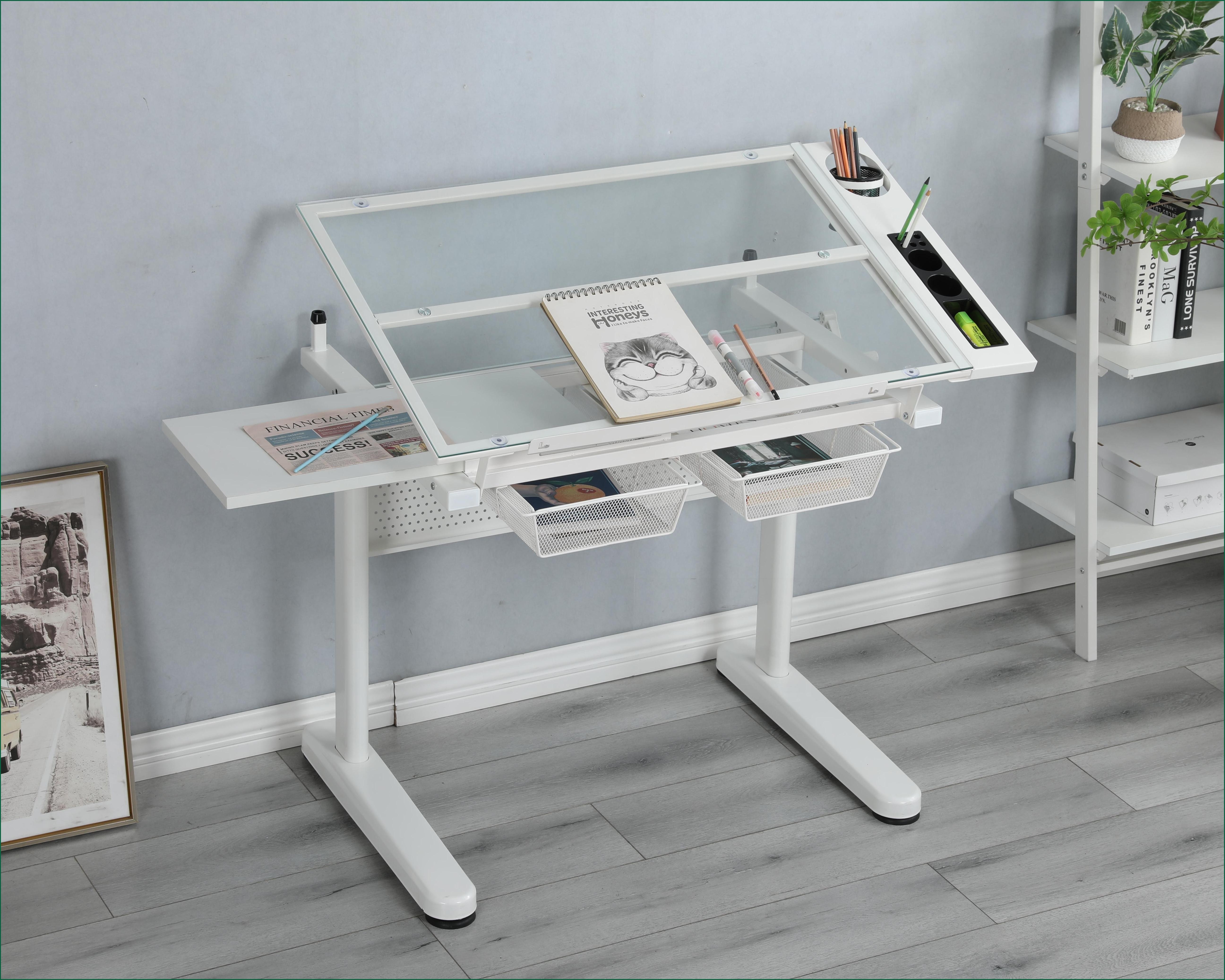 Drafting Desk with Hand Crank Height Adjustment, Tilting Glass Top, 2 ...