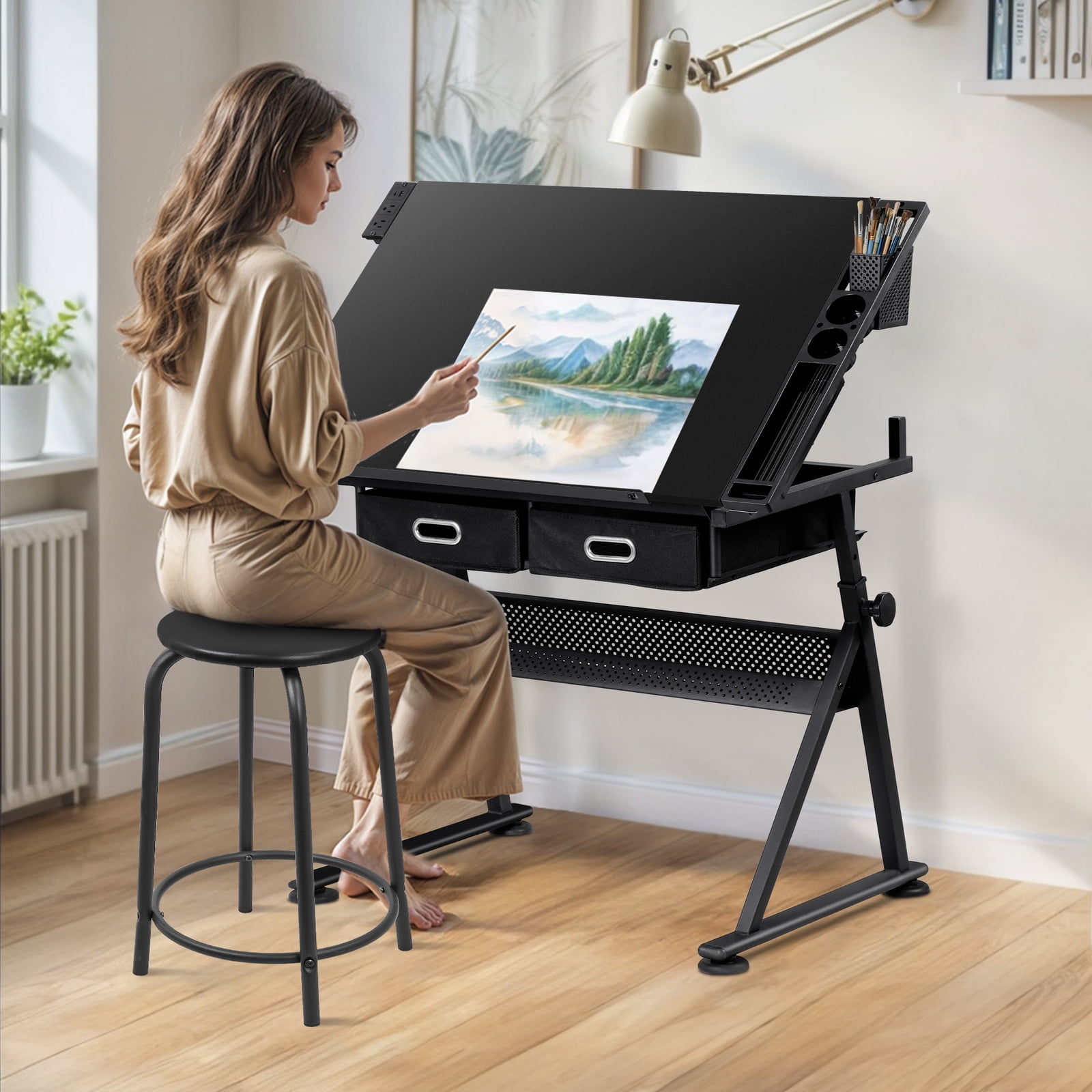 Drafting Drawing Table 9 Levels Adjustable angle w/ Stool Arts & Crafts ...