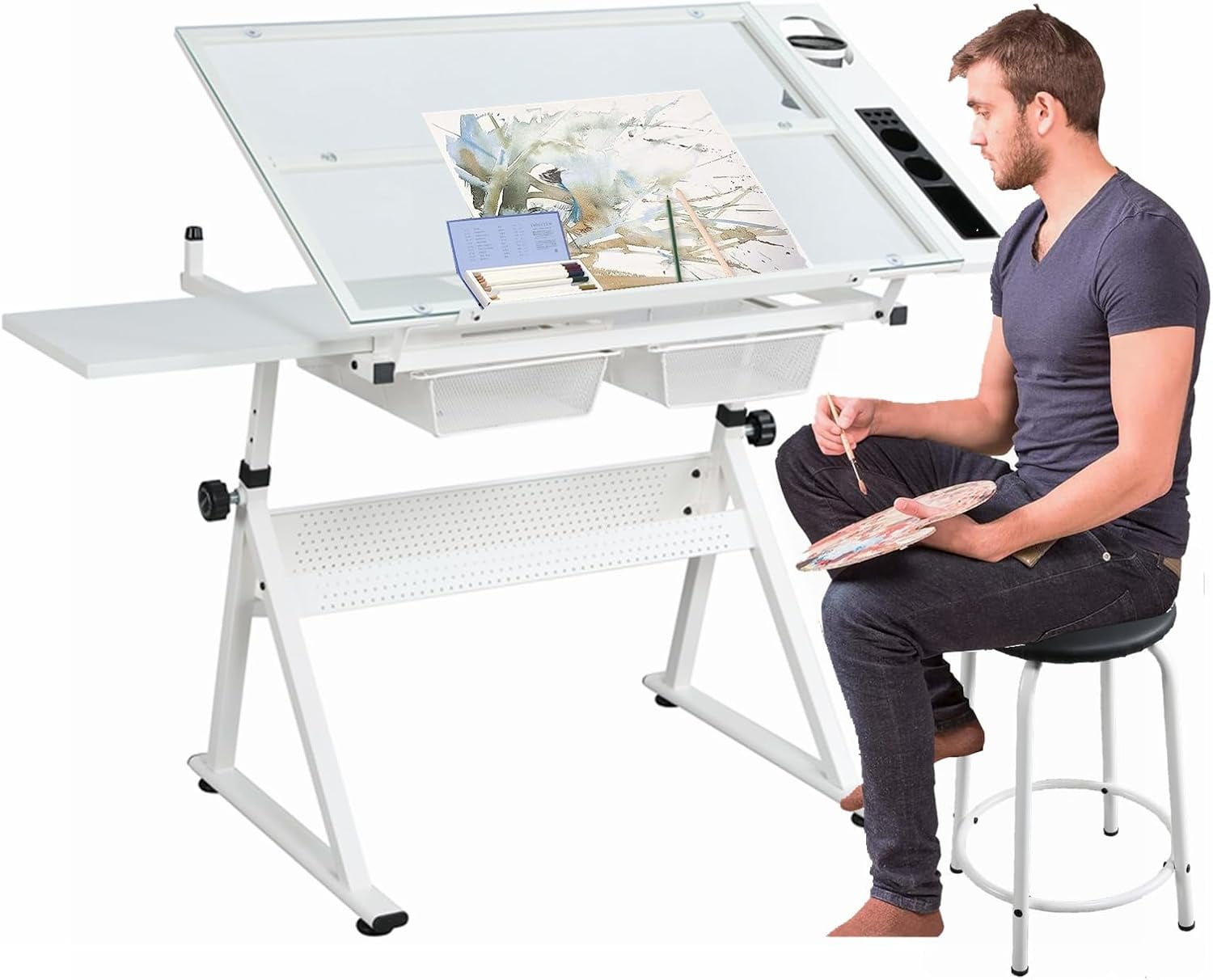 Drafting Table, 0-75° Tilting Glass Tabletop Drawing Table - Adjustable ...