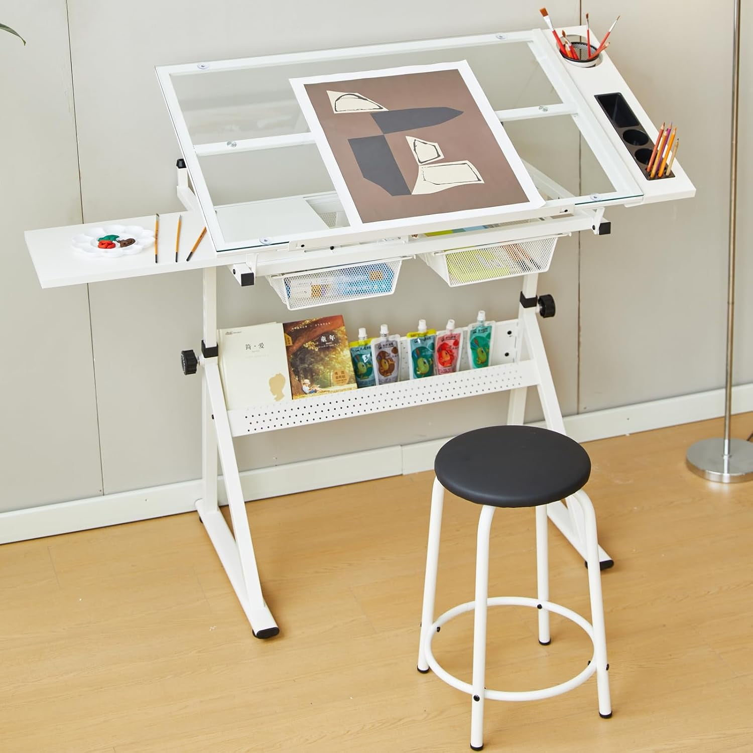 Drafting Table, 0-75° Tilting Glass Tabletop Drawing Table with Stool ...
