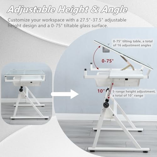 Drafting Table, 0-75° Tilting Glass Tabletop Drawing Table with Stool ...
