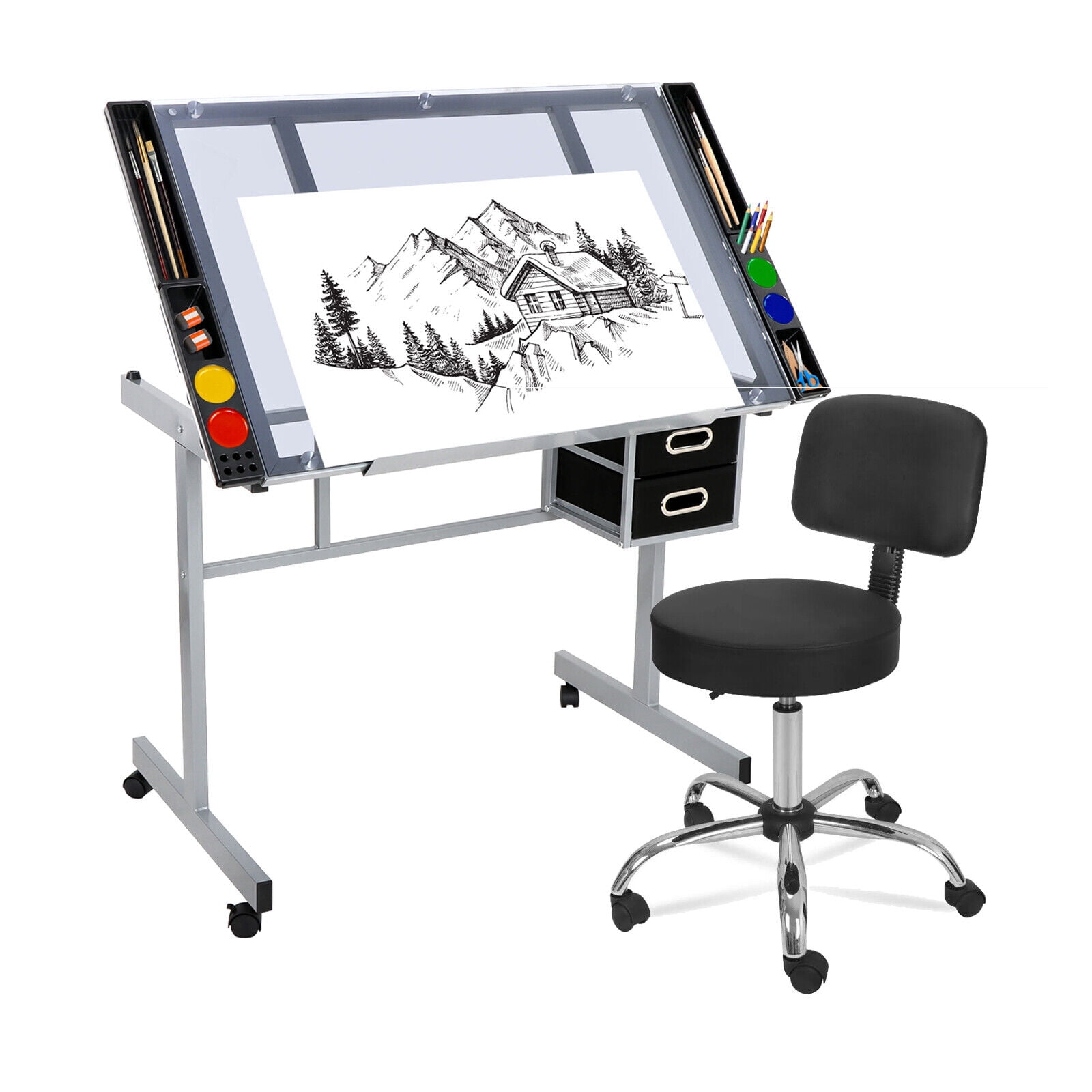 Drafting Table Craft Station Glass Top with Hydraulic Salon Stool Chair ...