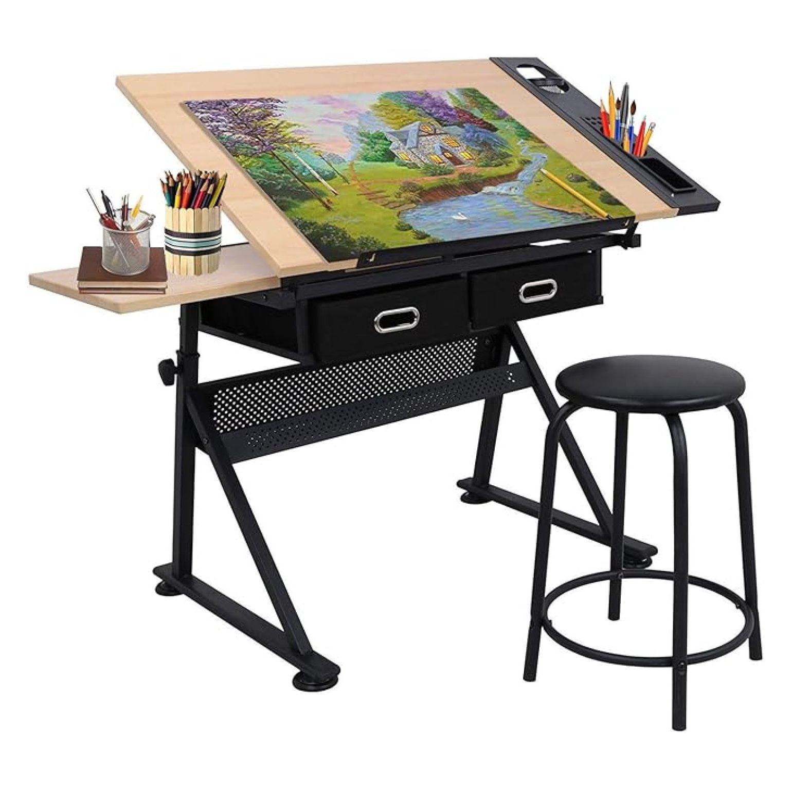 Drafting Table Drawing Desk Reclining Tiltable Bundle Set with Stool ...